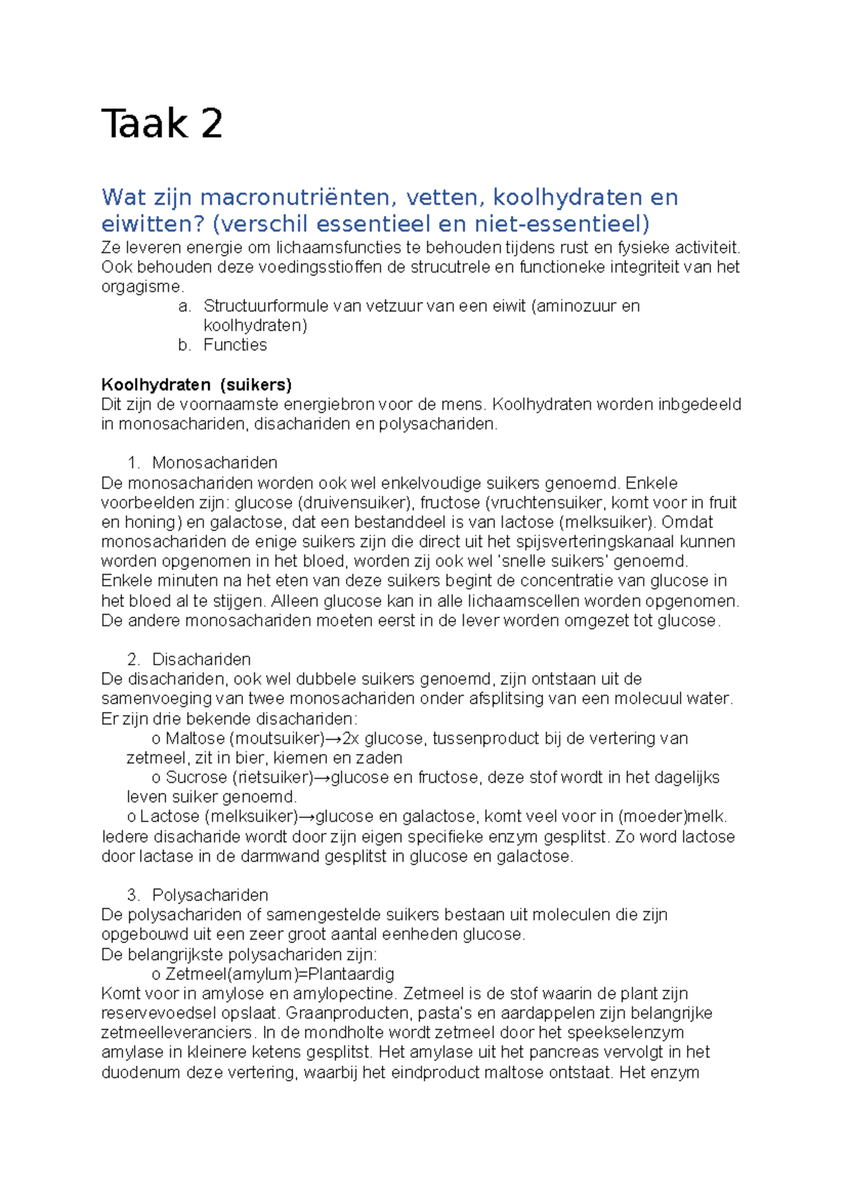 Taak 2 - Macronutriënten en hun functies in het lichaam - Studeersnel