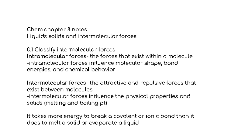Chem 101 Chapter 8 Notes: Liquids, Solids & Intermolecular Forces - Studocu