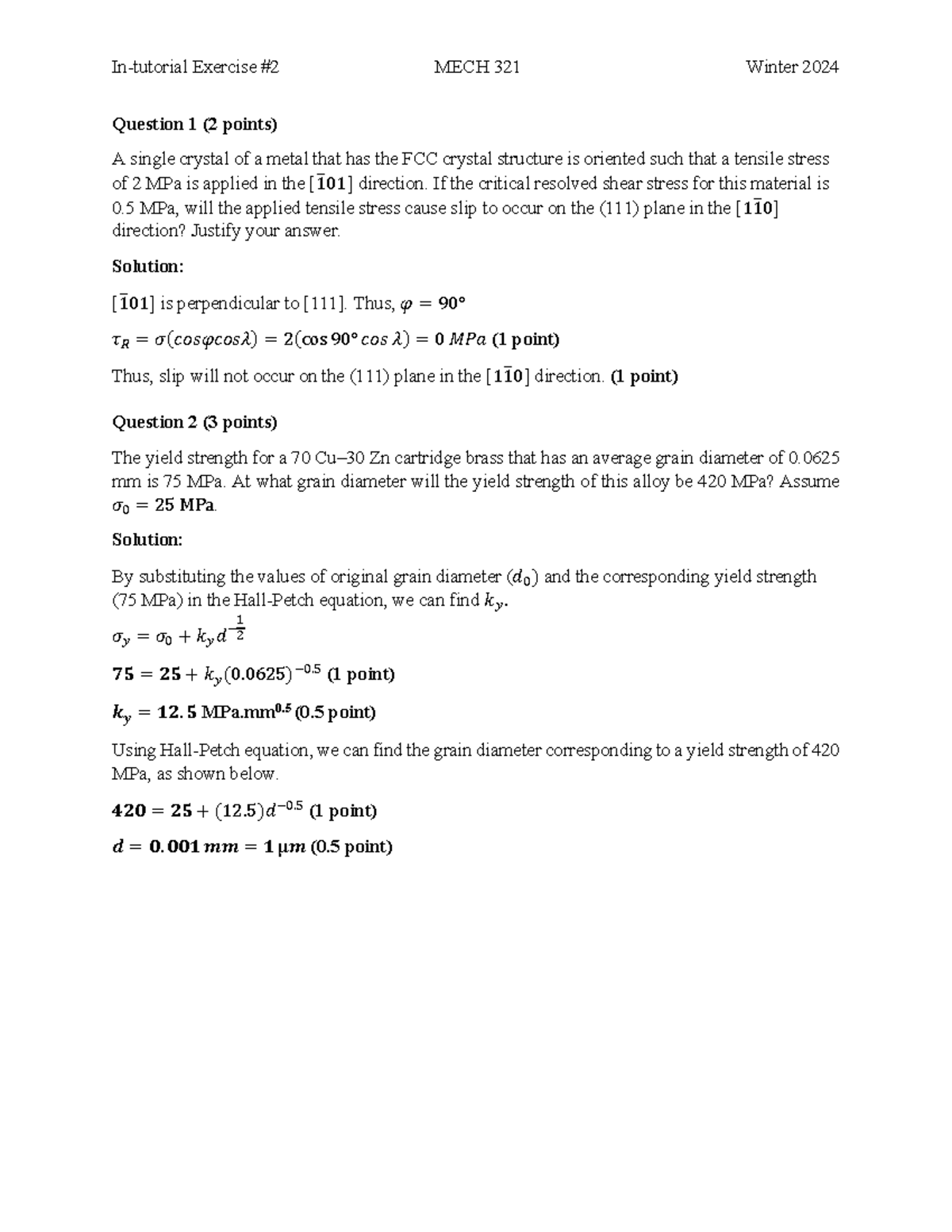 In-tutorial Exercise #2 Solutions for MECH 321 Winter 2024 - Studocu
