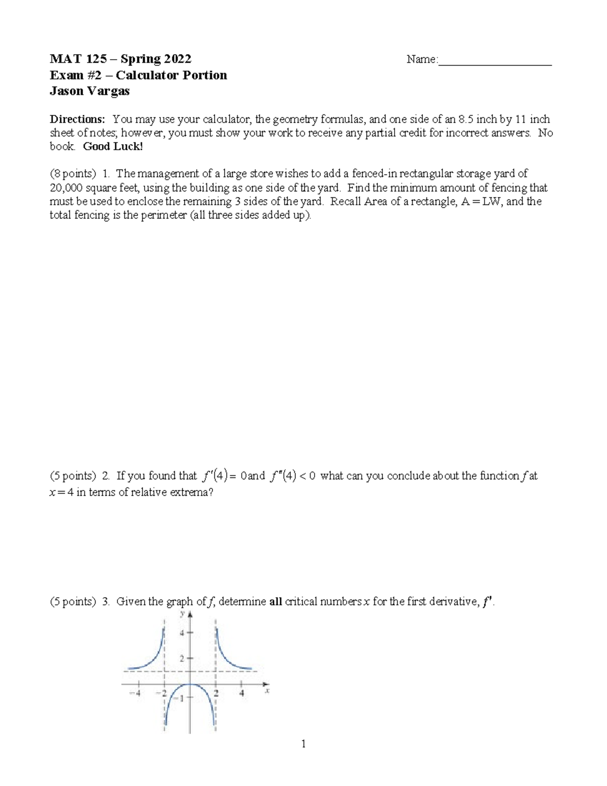 MAT 125 – Spring 2022 Exam #2 – Calculator & Non-Calculator Portions ...