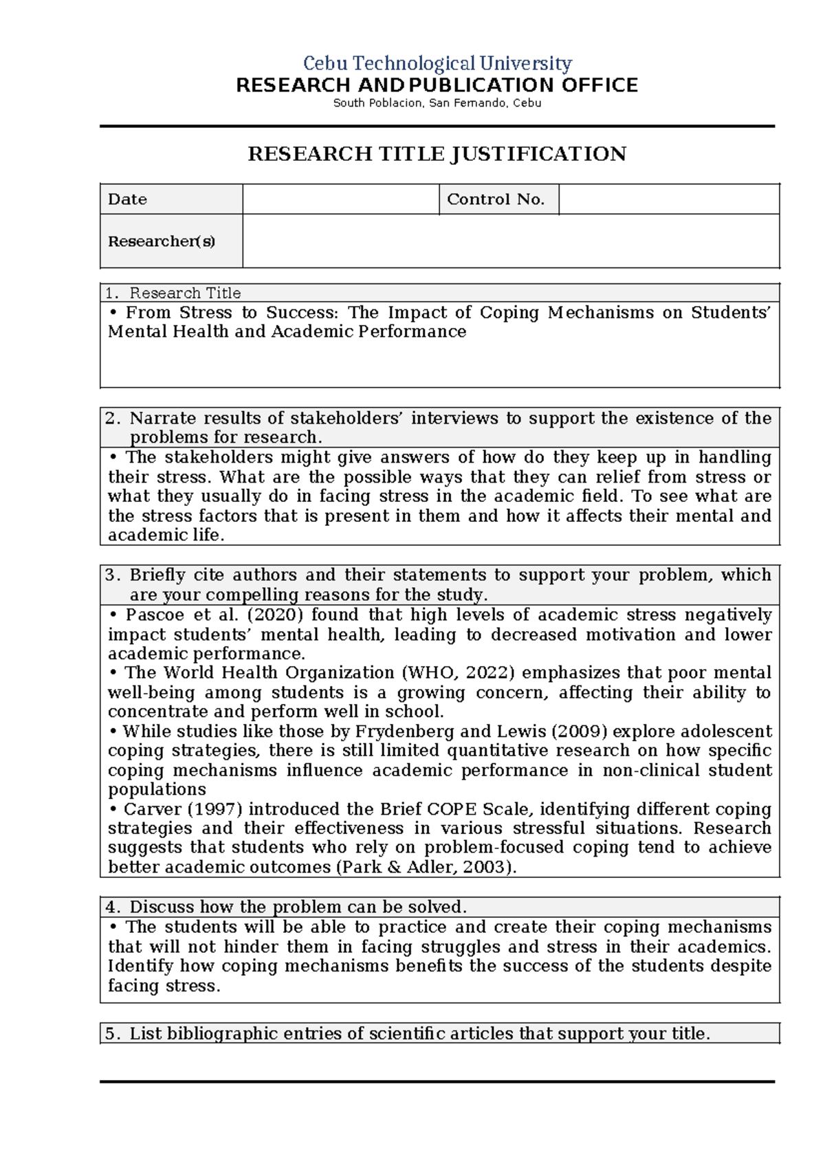 Cebu Technological University Research Title Justification: Coping ...