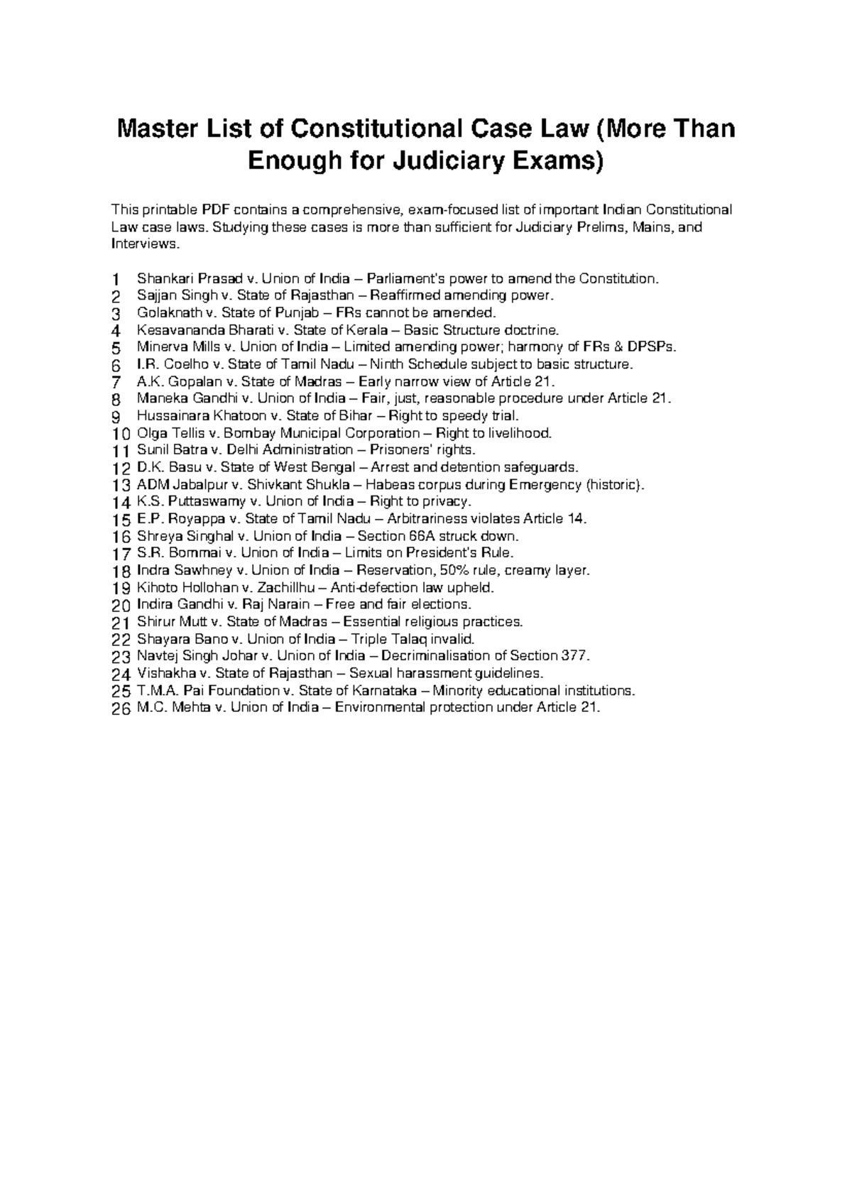Constitutional Case Law Master List for Judiciary Exams - Studocu
