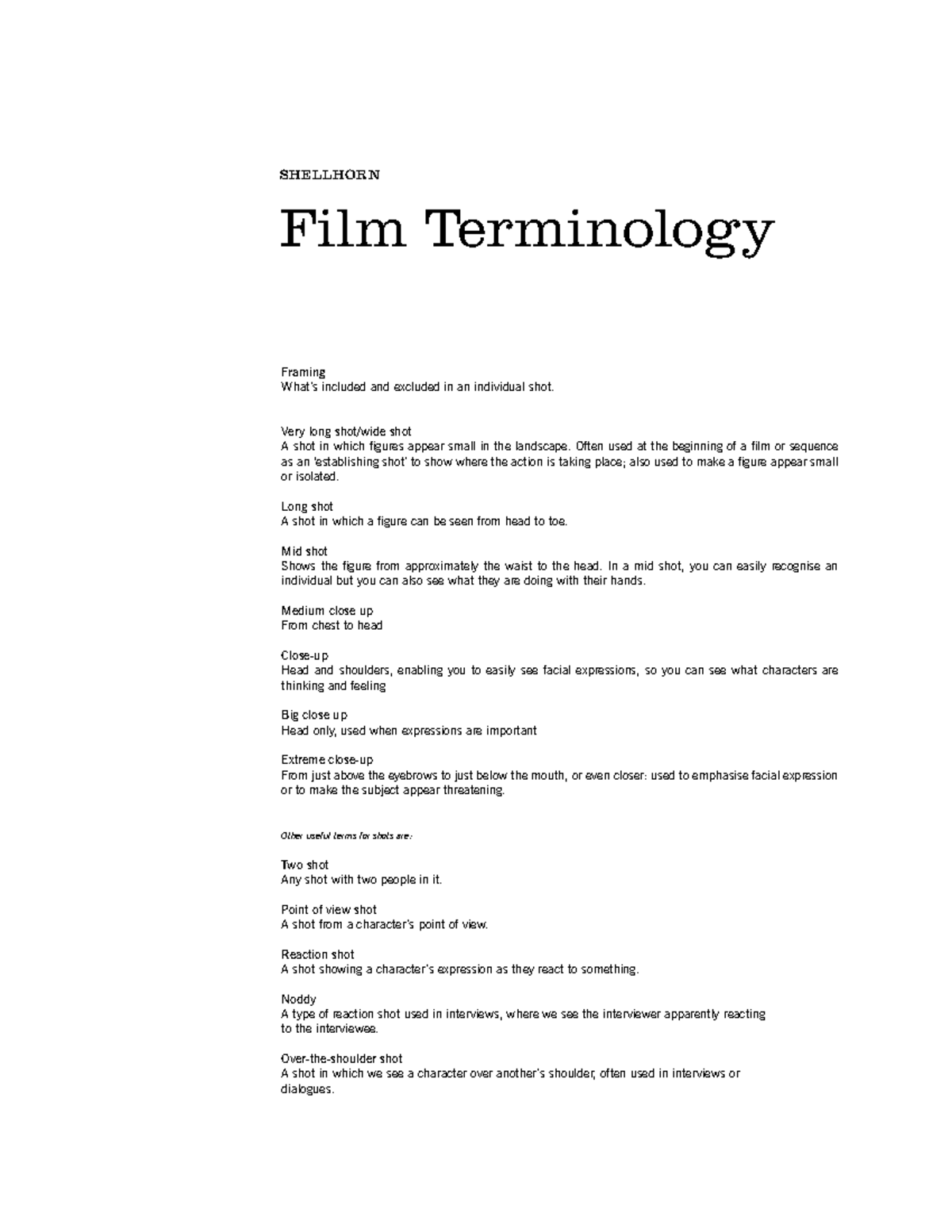 Basic Film Terms: Essential Shot and Camera Techniques Overview - Studocu