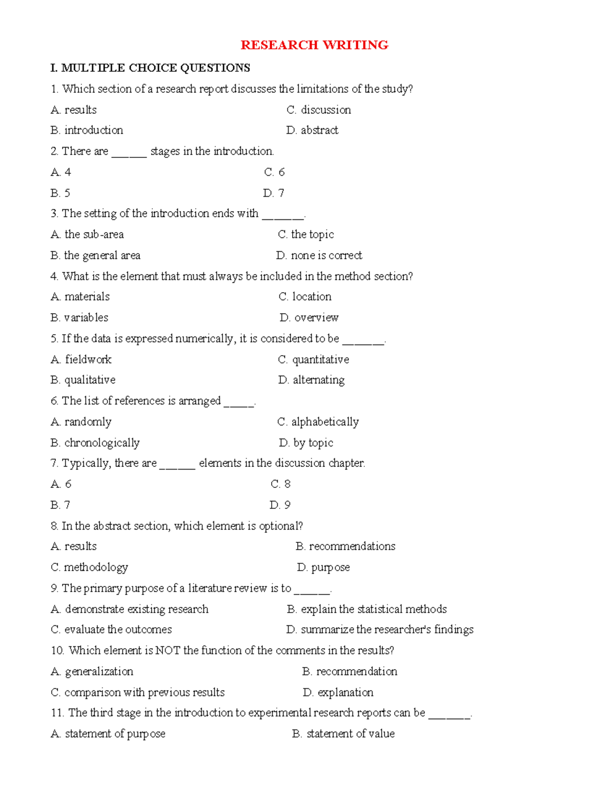 RESEARCH WRITING I: MULTIPLE CHOICE QUESTIONS & ABSTRACT WRITING - Studocu