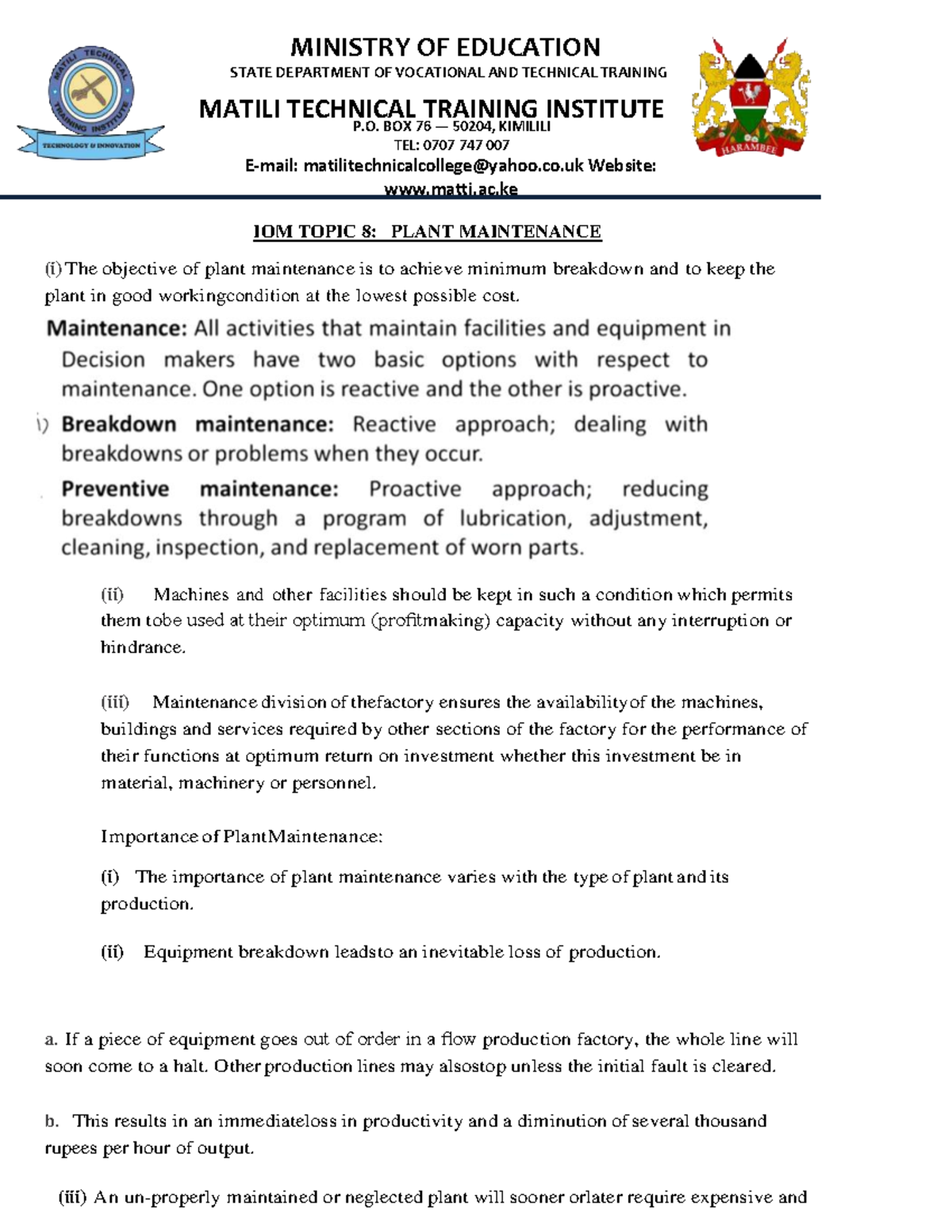 IOM Topic 8: Essential Aspects of Plant Maintenance - Studocu