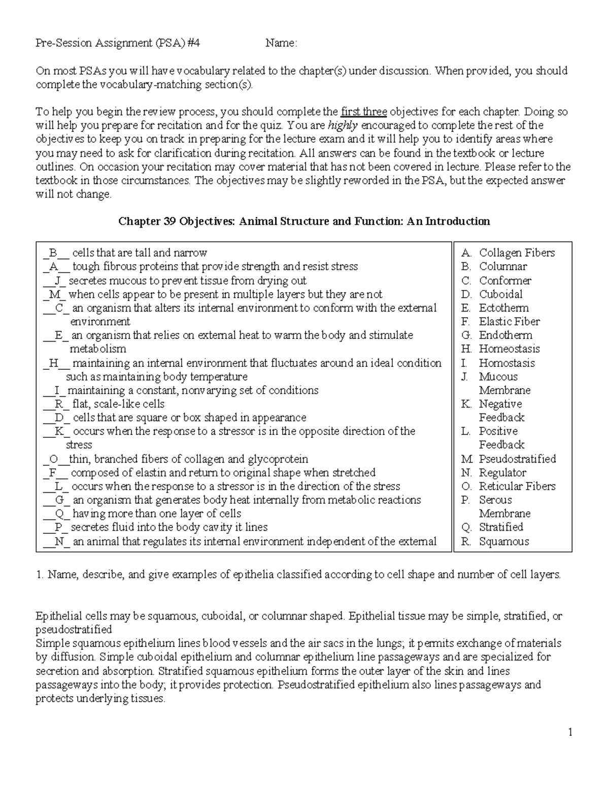 PSA 4 SP24 - Recitation Guide for Animal Structure and Function - Studocu