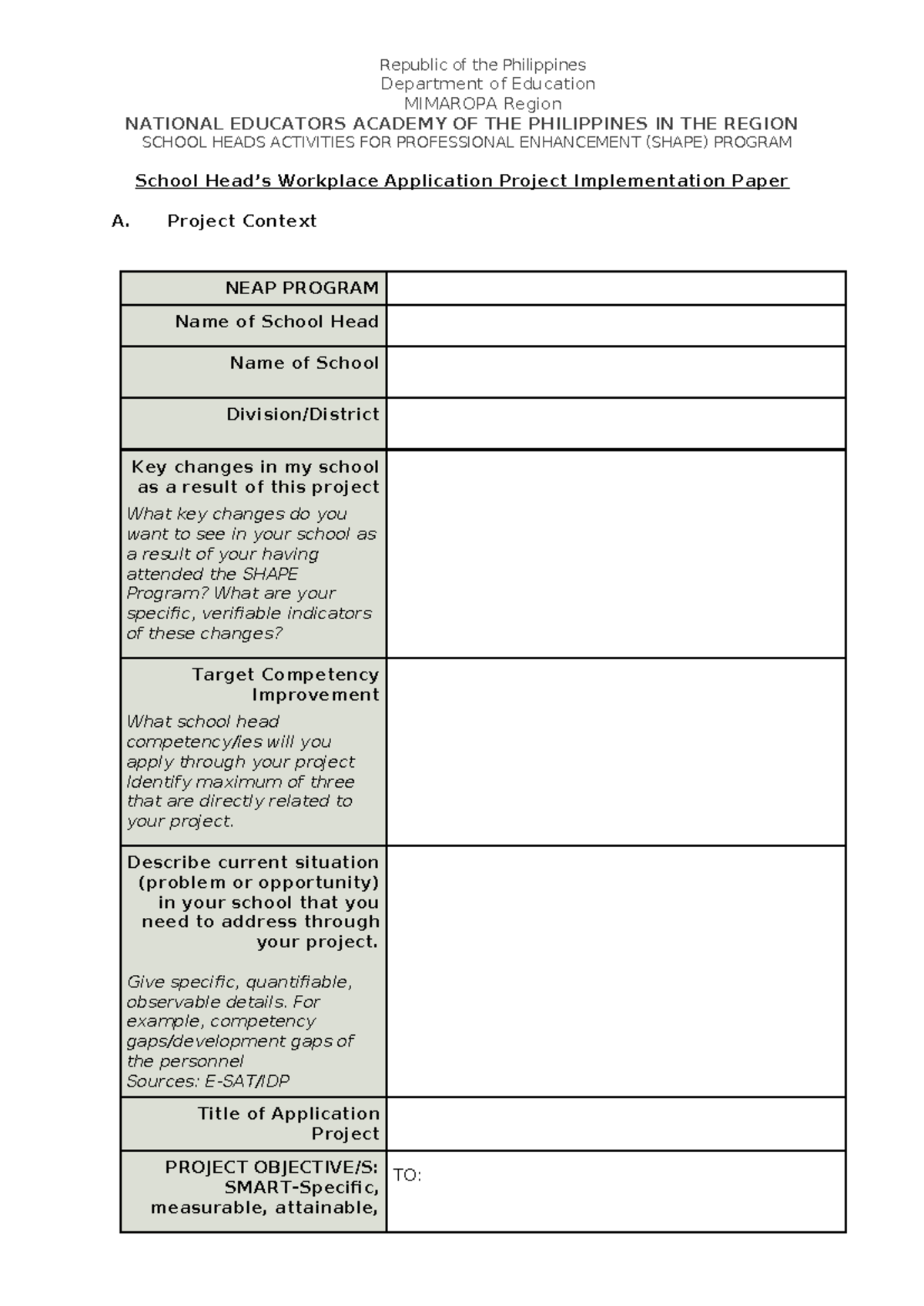 School Heads Workplace Application Project Template (SHAPE Program ...