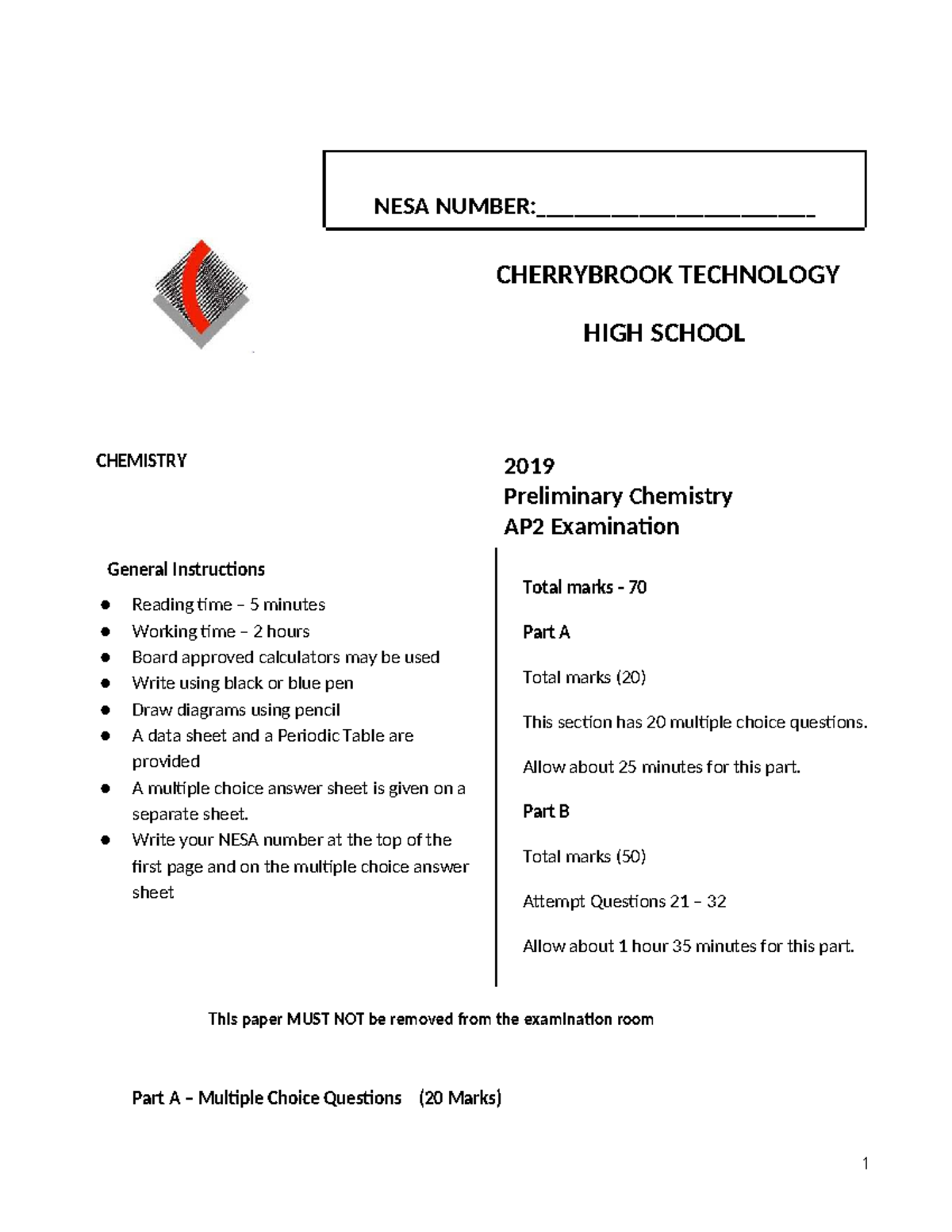 NESA CHERRYBROOK TECHNOLOGY HIGH SCHOOL AP2 Chemistry 2019 Yearly Practice Paper - Studocu