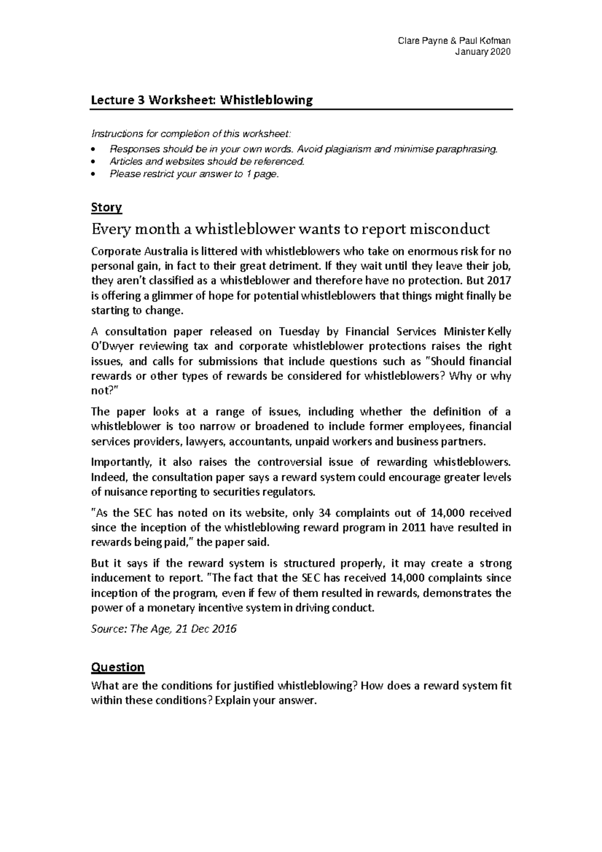 Lecture 3 Whistleblowing Worksheet Answer - Clare Payne & Paul Kofman ...