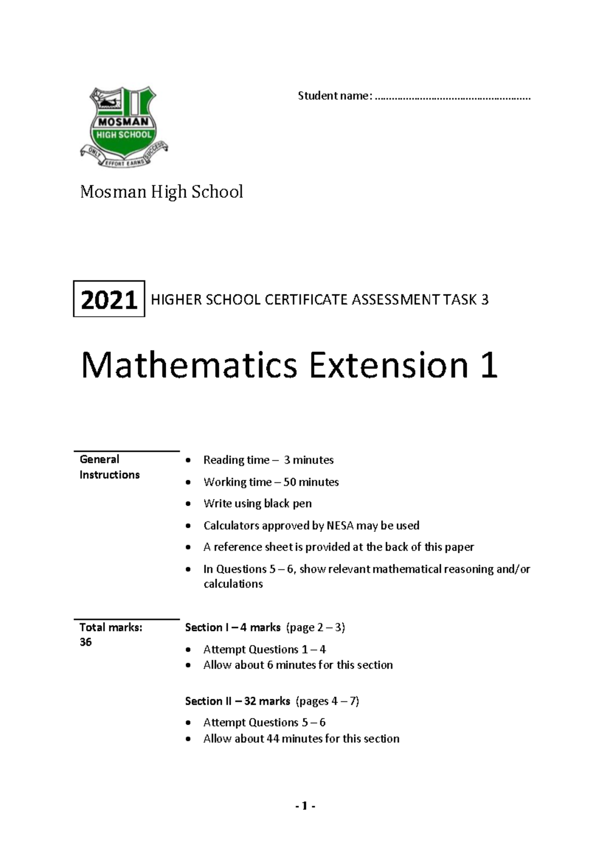 Mathematics Extension 1 HSC Assessment Task 3 - 2021 Past Paper - Studocu