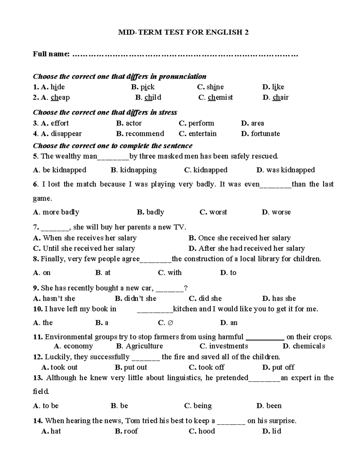 MIDTERM TEST - ENGLISH 2: Pronunciation, Stress, and Sentence ...
