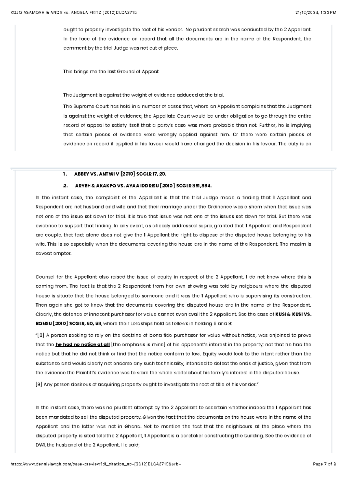 KOJO Asamoah & ANOR vs. Angela Fritz: Review of [2012] DLCA 3715 ...