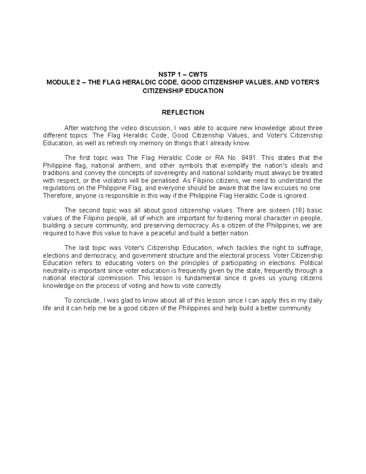 NSTP 1 - CWTS Module 2 Reflection on Flag Code, Citizenship Values, and ...