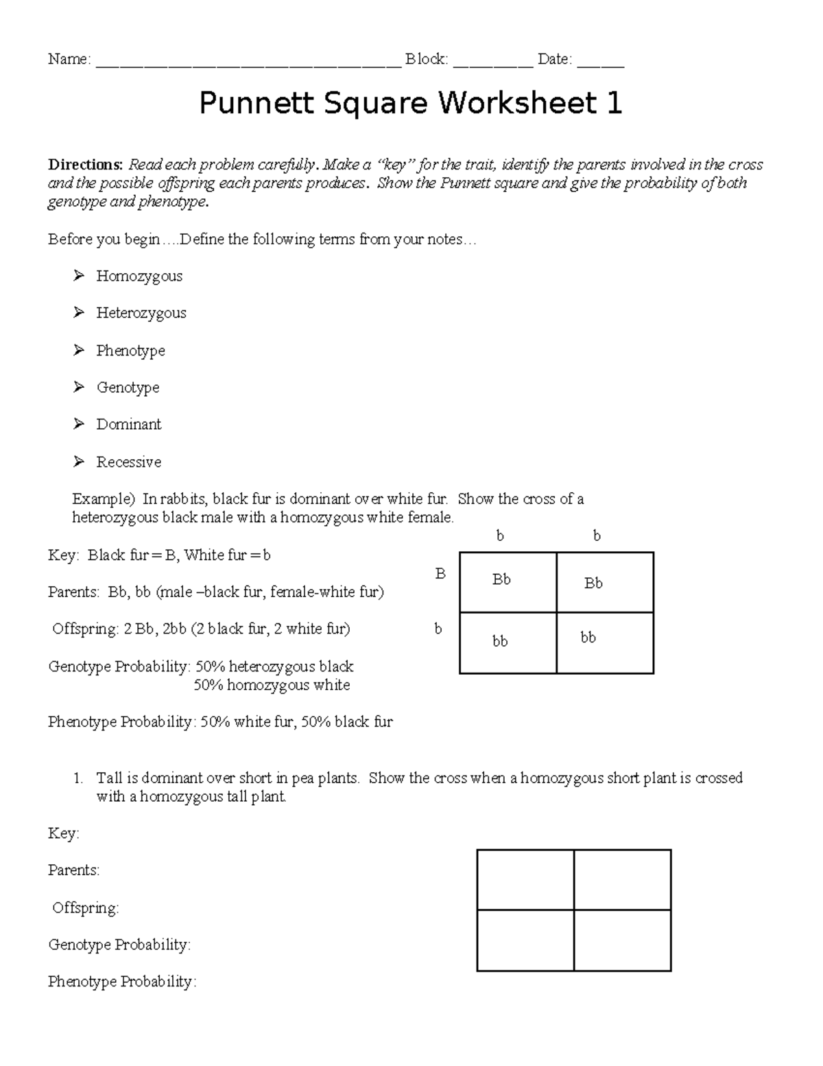 Punnett Square Worksheet 1 - Genetics Practice - Studocu