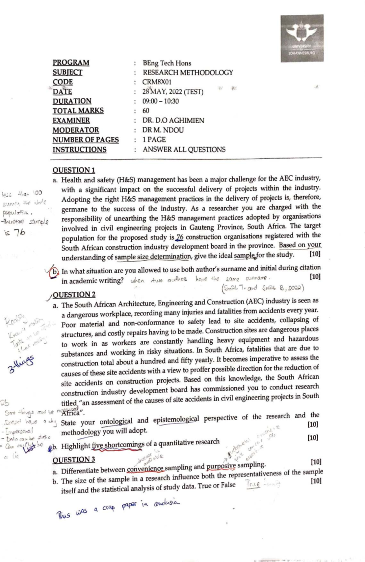 BEng Tech Hons Research Methodology Test CRMSX01 - May 2022 - Studocu