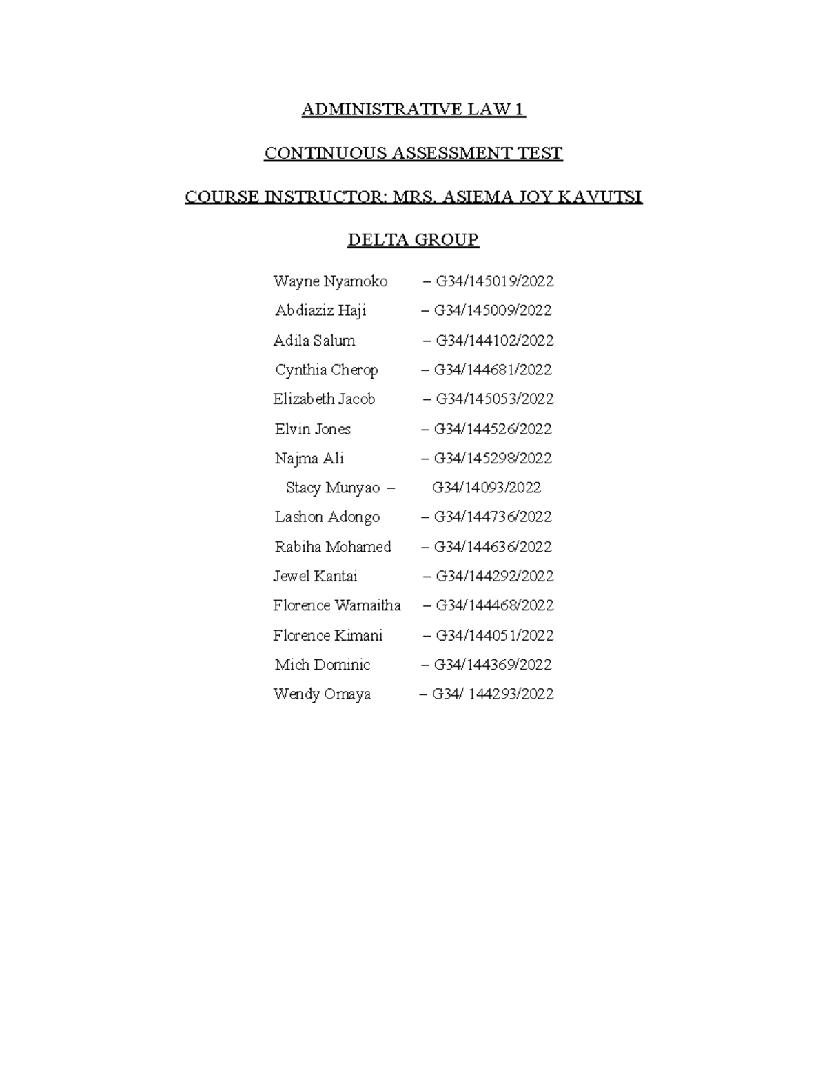 ADMINISTRATIVE LAW 1: CONTINUOUS ASSESSMENT TEST ON LAW & BUREAUCRACY ...