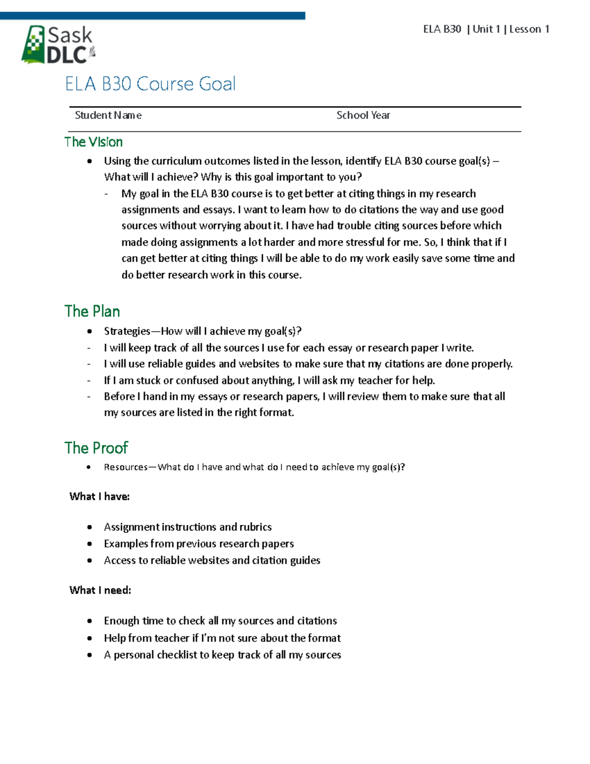 ELA B30 Unit 1 Lesson 1: Course Goals & Citation Improvement Plan - Studocu