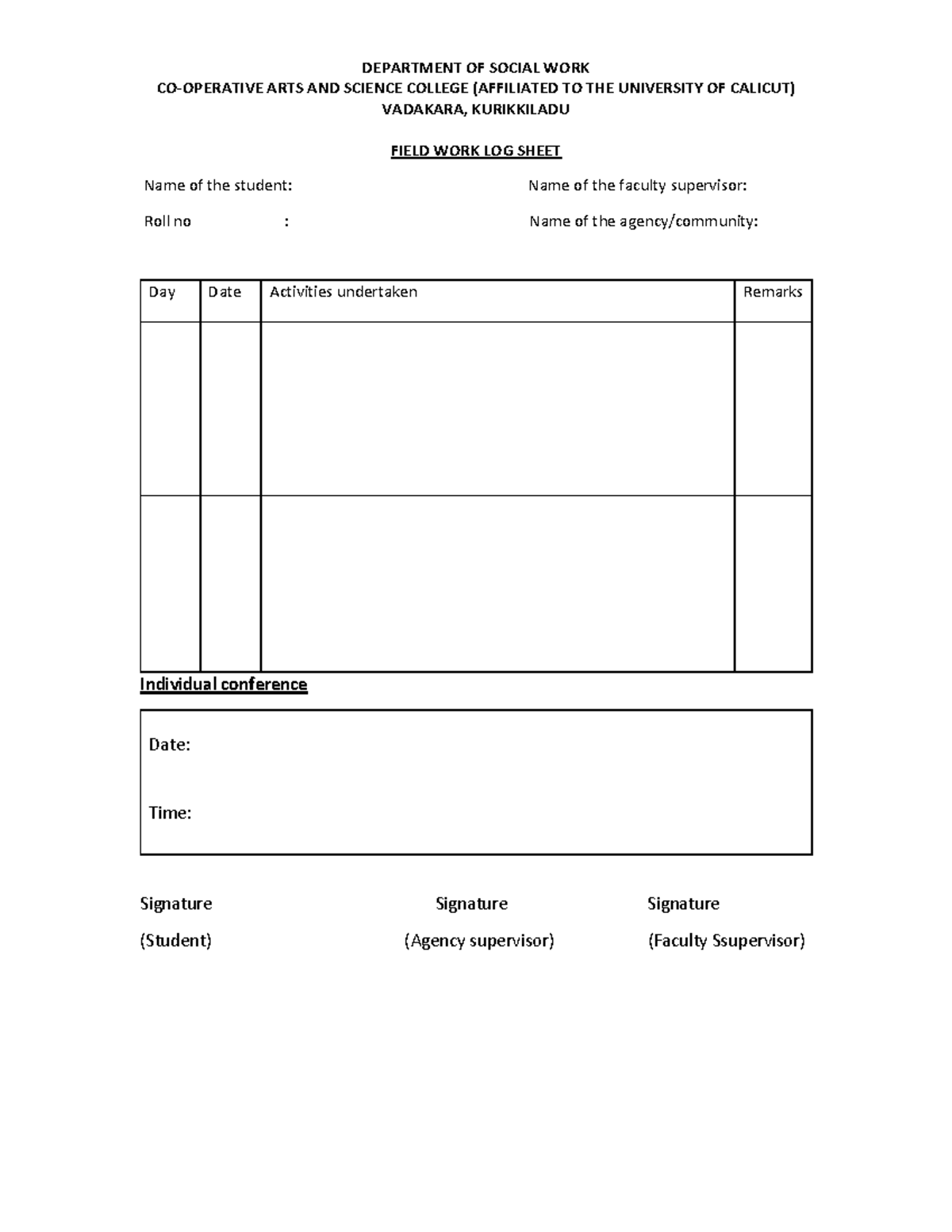 Field WORK LOG Sheet - Master of Social Work - DEPARTMENT OF SOCIAL ...
