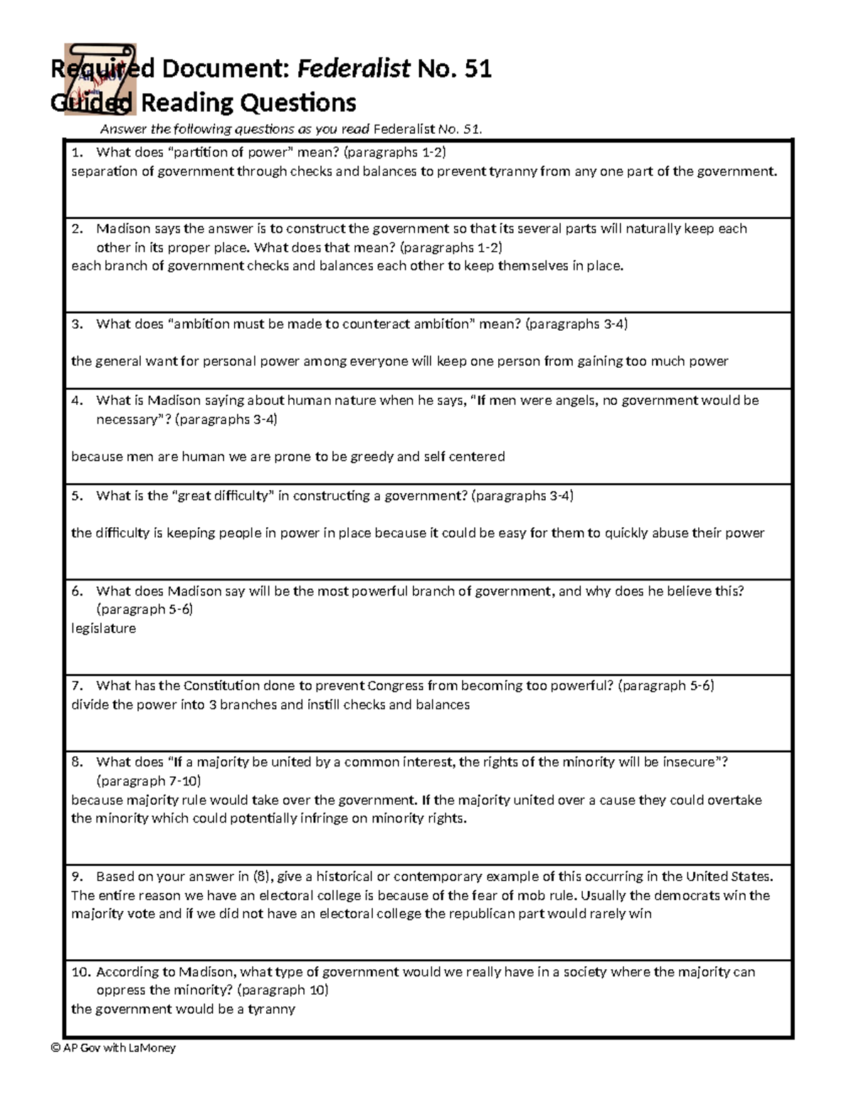 AP Gov: Guided Reading Questions for Federalist No. 51 - Studocu