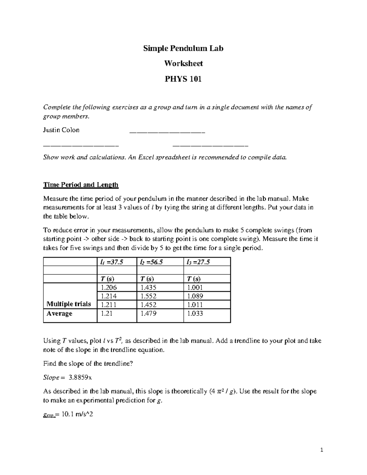 PHYS 101 - Lab 3: Simple Pendulum Analysis and Data Collection - Studocu