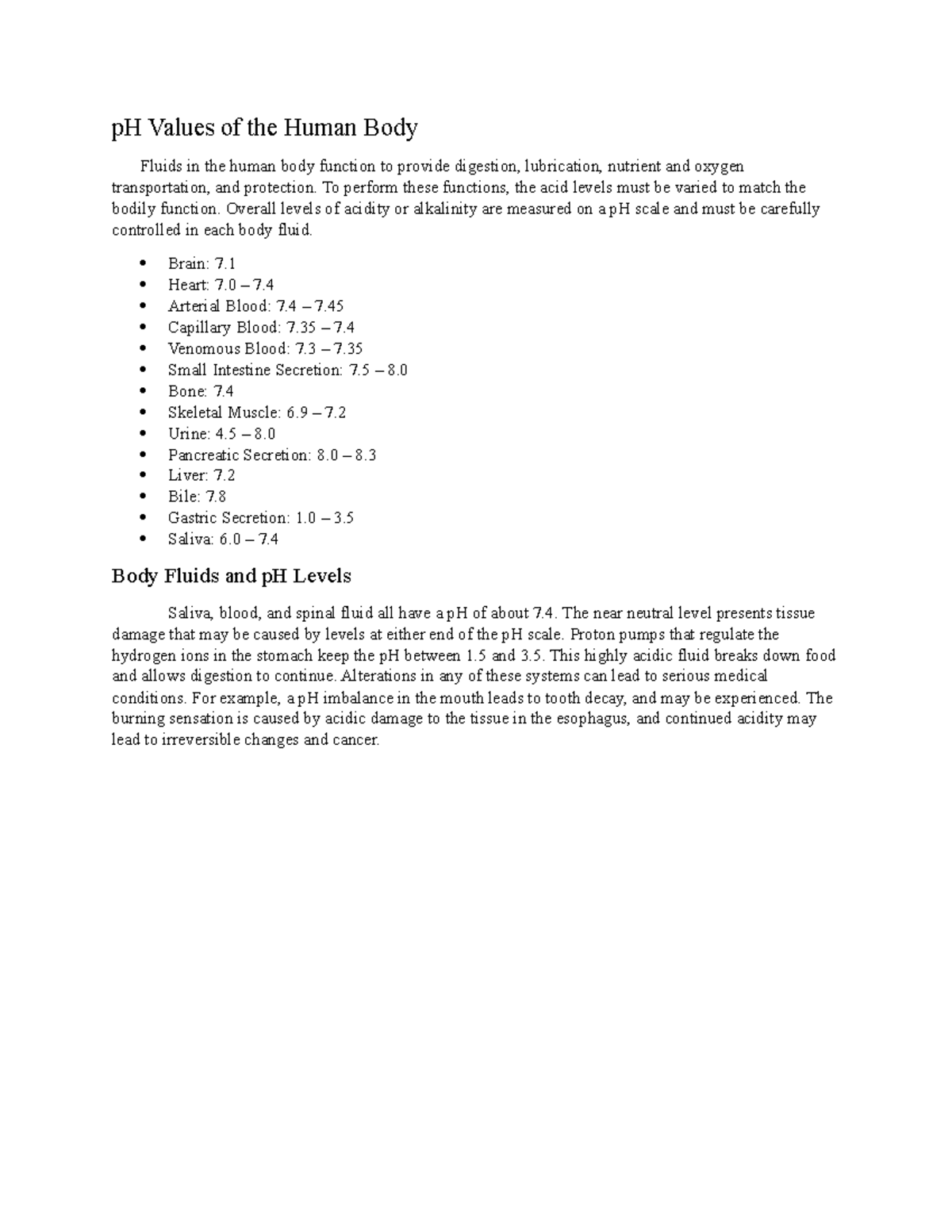 pH Levels in Human Body Fluids: Importance and Ranges - Studocu