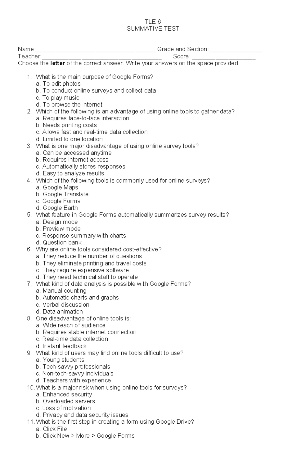 TLE 6 Summative Test: Google Forms and Online Survey Tools - Studocu