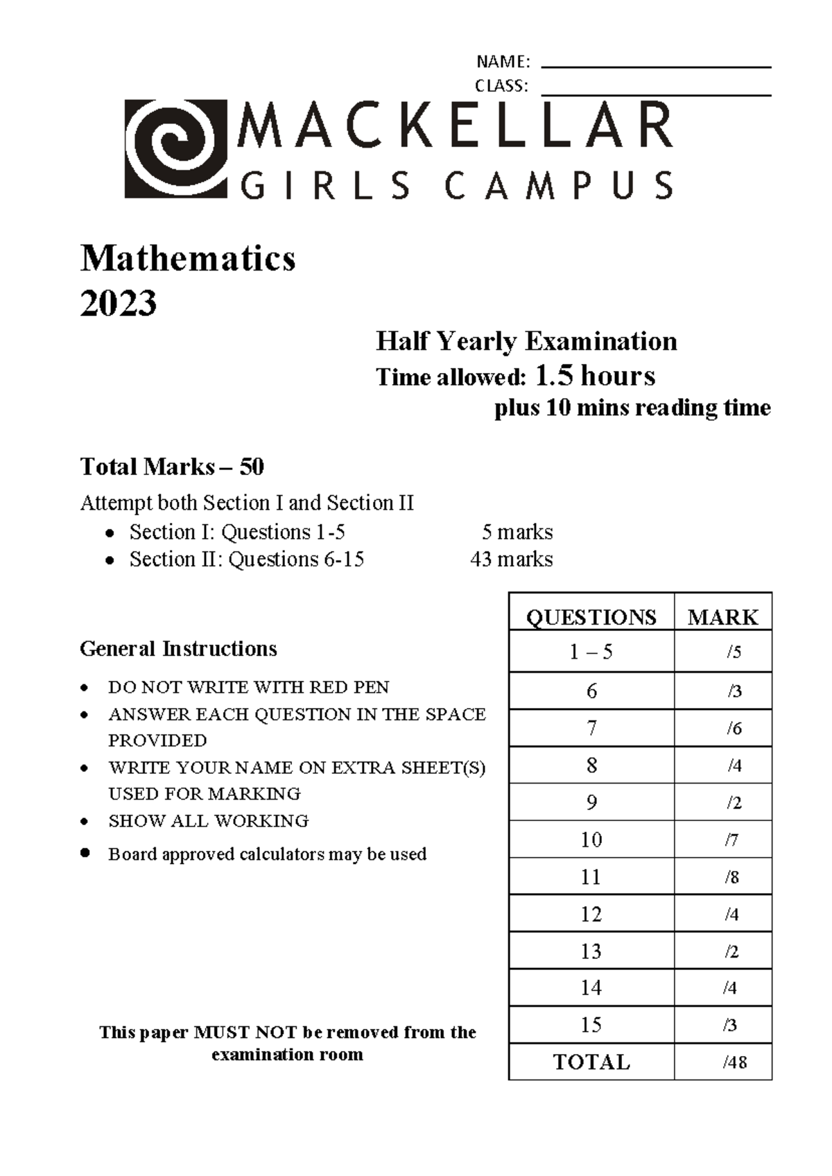 2023 MATH Half Yearly Exam - Mackellar Girls Campus - Studocu