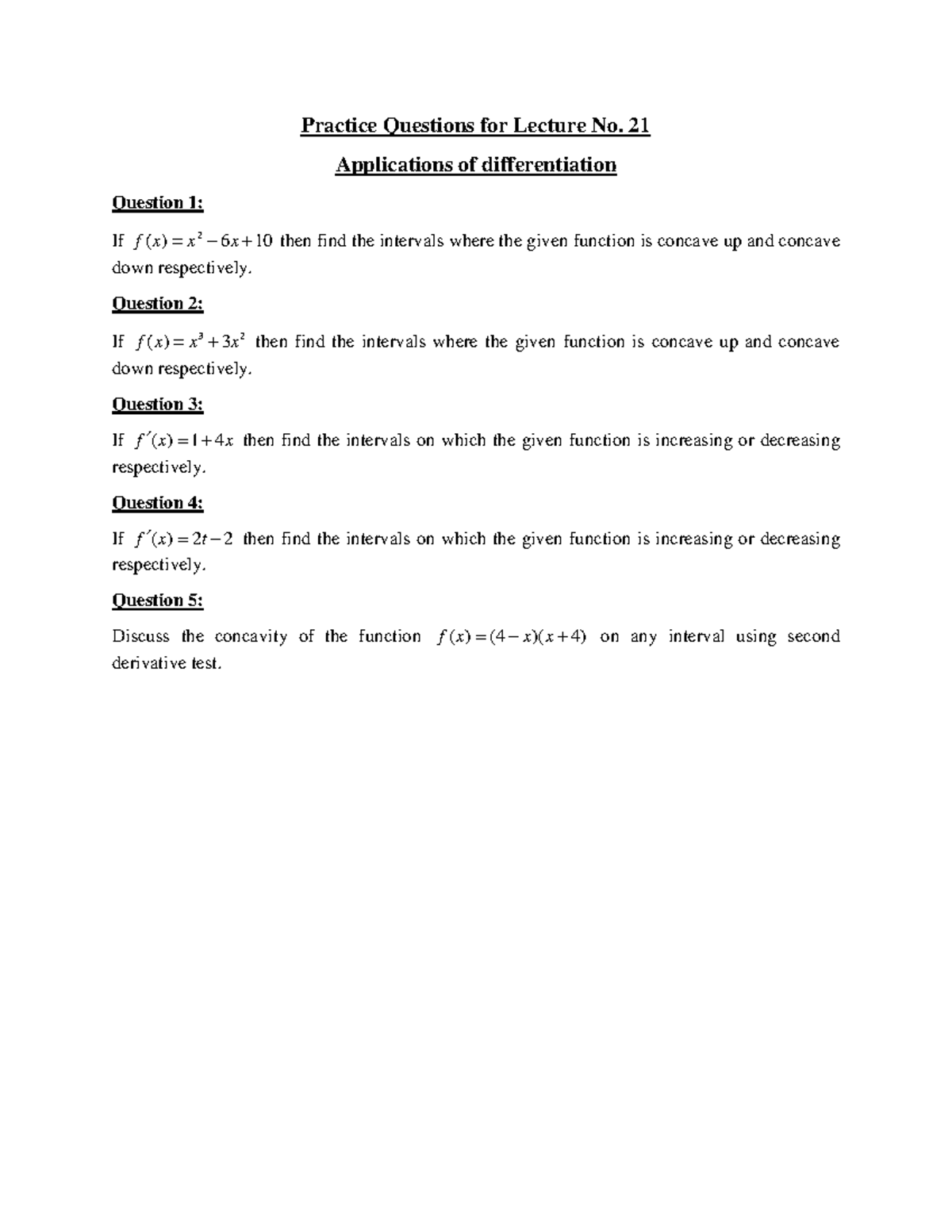 Practice Questions for Lecture 21: Differentiation Applications - Studocu