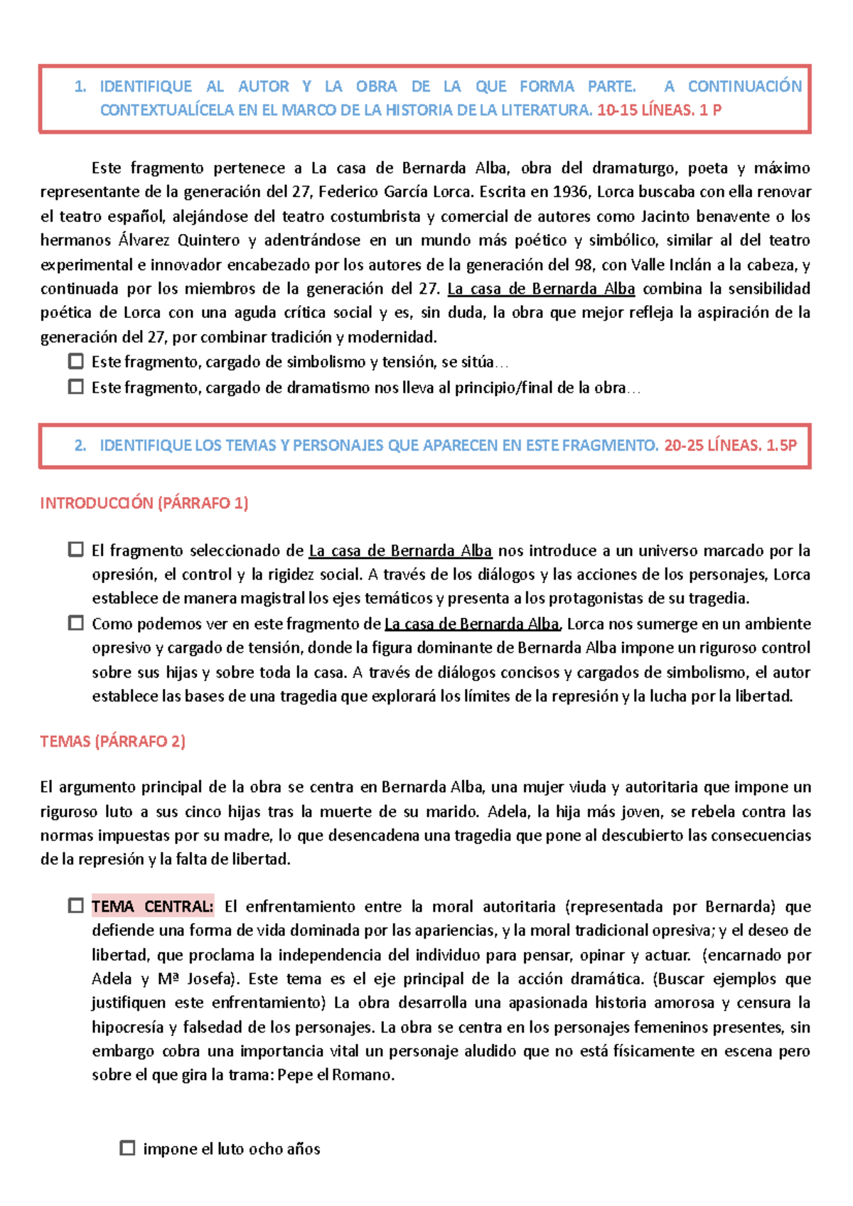 Preguntas de Análisis sobre "La casa de Bernarda Alba" - LCBA - Studocu