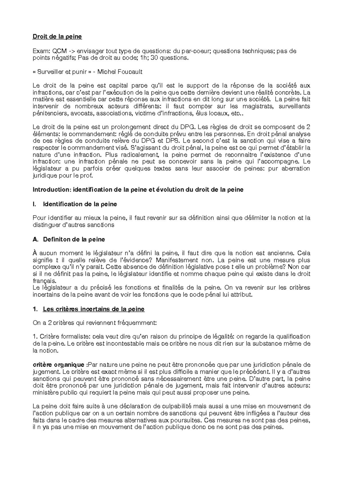 Droit de la Peine - Exam QCM: Questions et Concepts Essentiels - Studocu