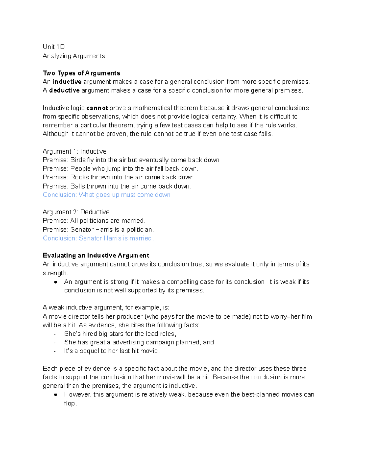 Unit 1D Notes on Analyzing Inductive & Deductive Arguments - Studocu