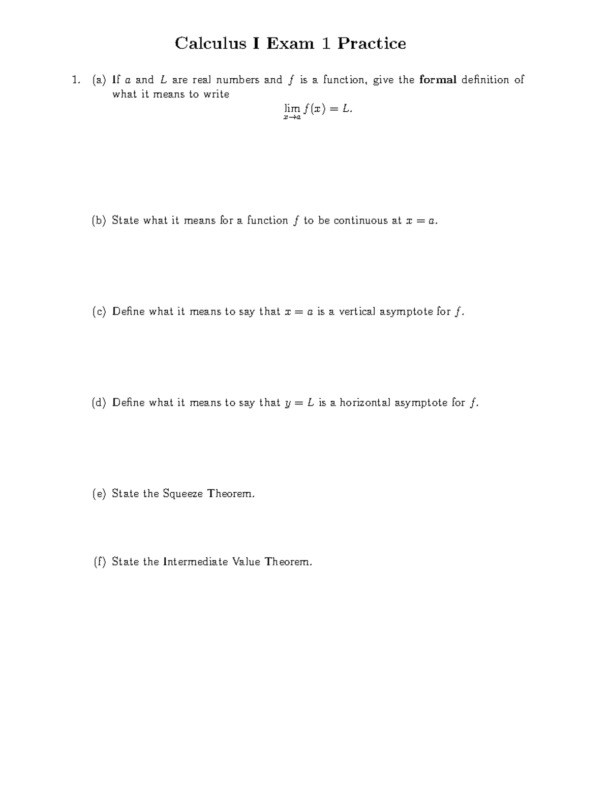 Calculus I (MATH 101) Exam 1 Practice Questions and Solutions - Studocu