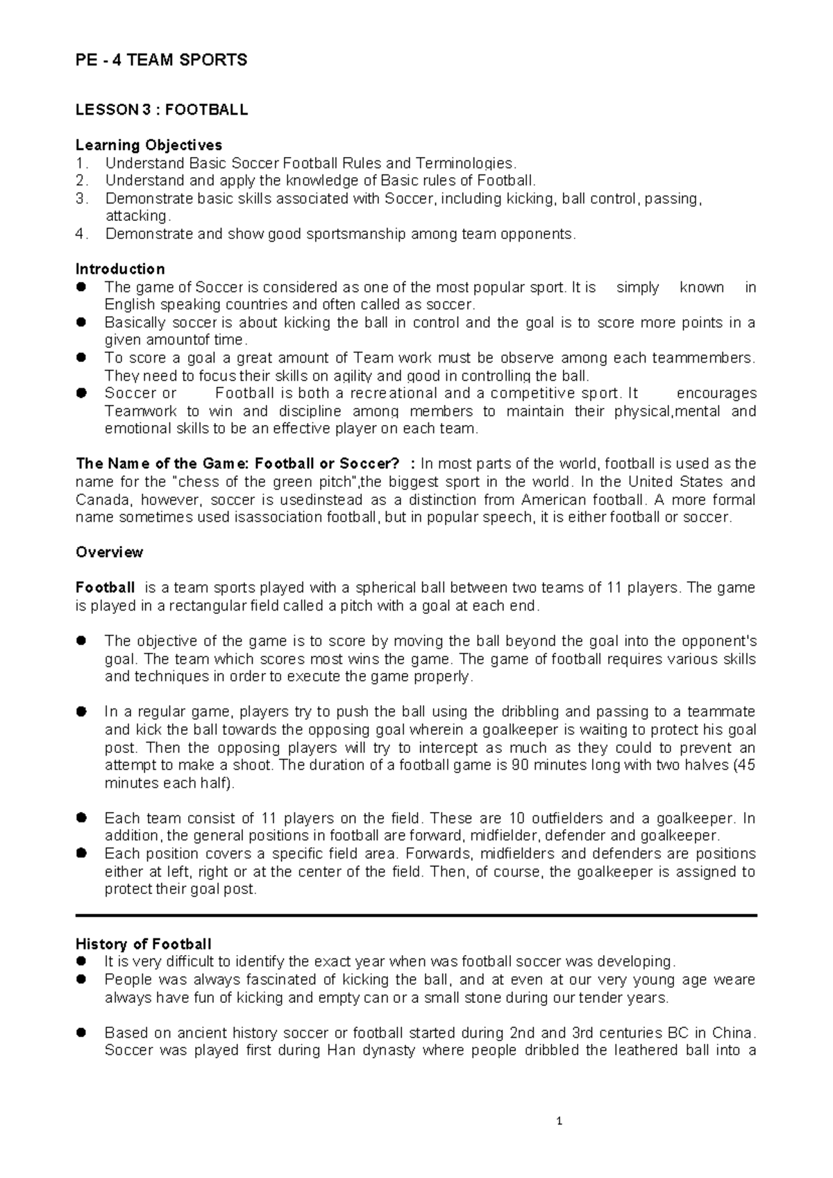 PE - 4 Football Module - LESSON 3 : FOOTBALL Learning Objectives 1 ...