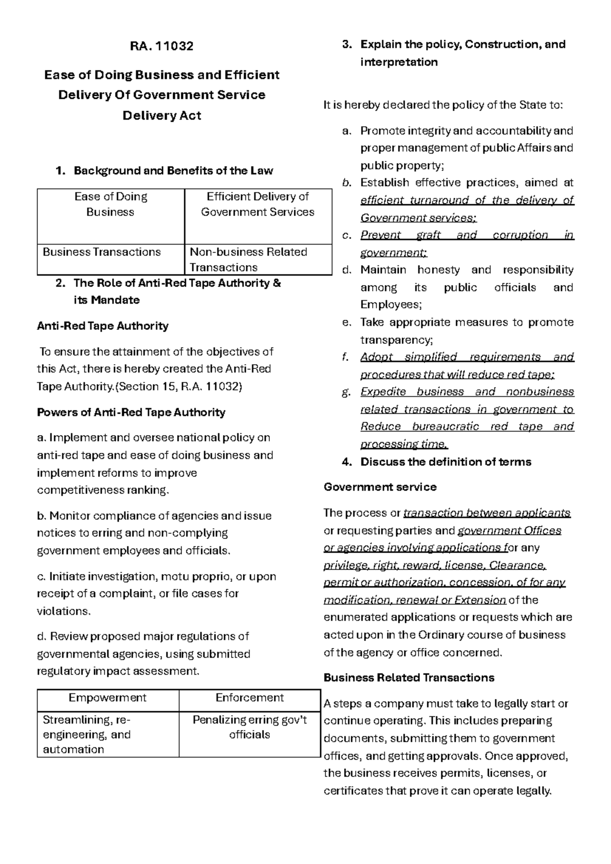 Prelims Reviewer RFLI: Lecture Notes on RA 11032 and Government Service ...