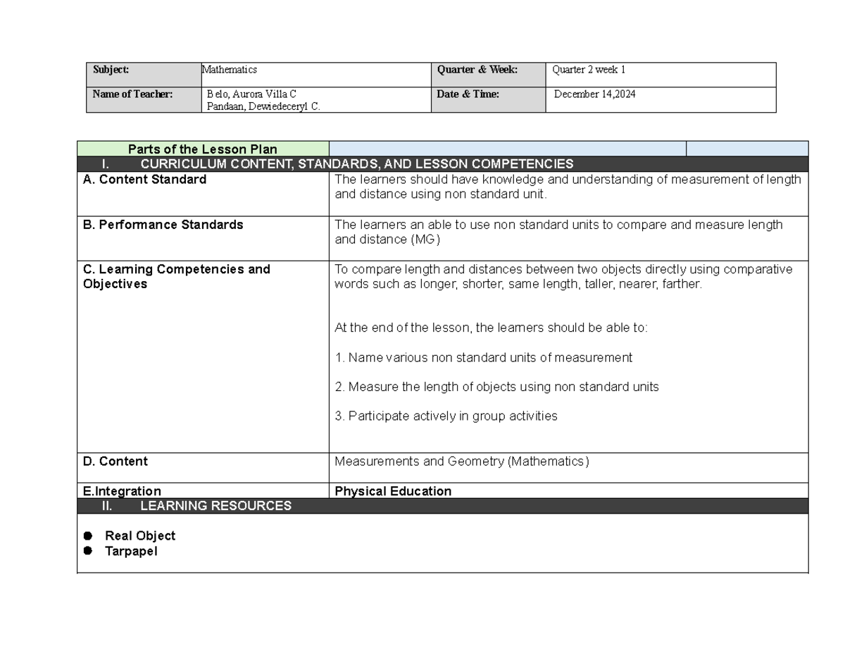 Mathematics Lesson Plan: Measurement of Length & Distance (Q2W1) - Studocu