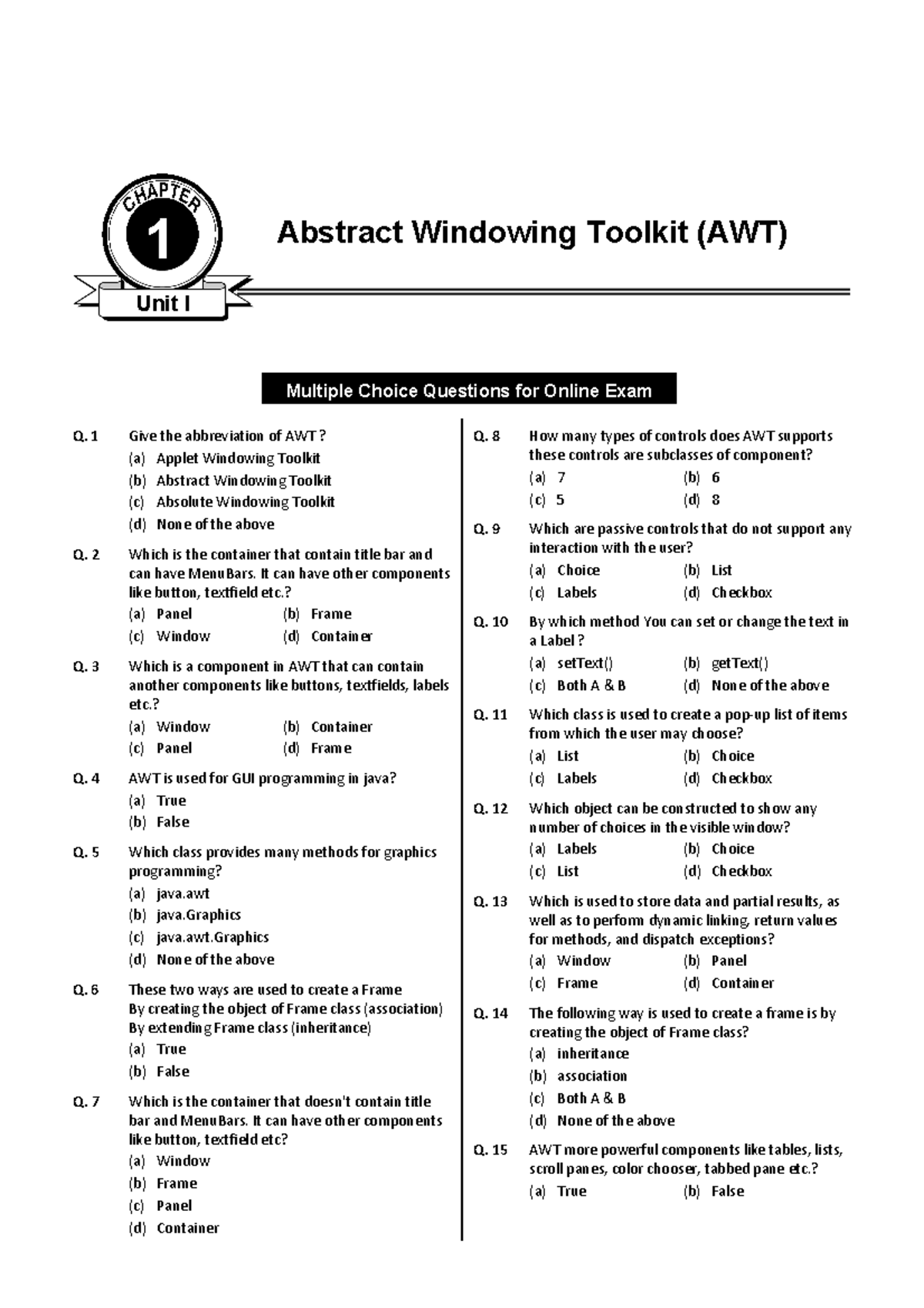 advance java mcqs - Unit I 1 Multiple Choice Questions for Online Exam ...