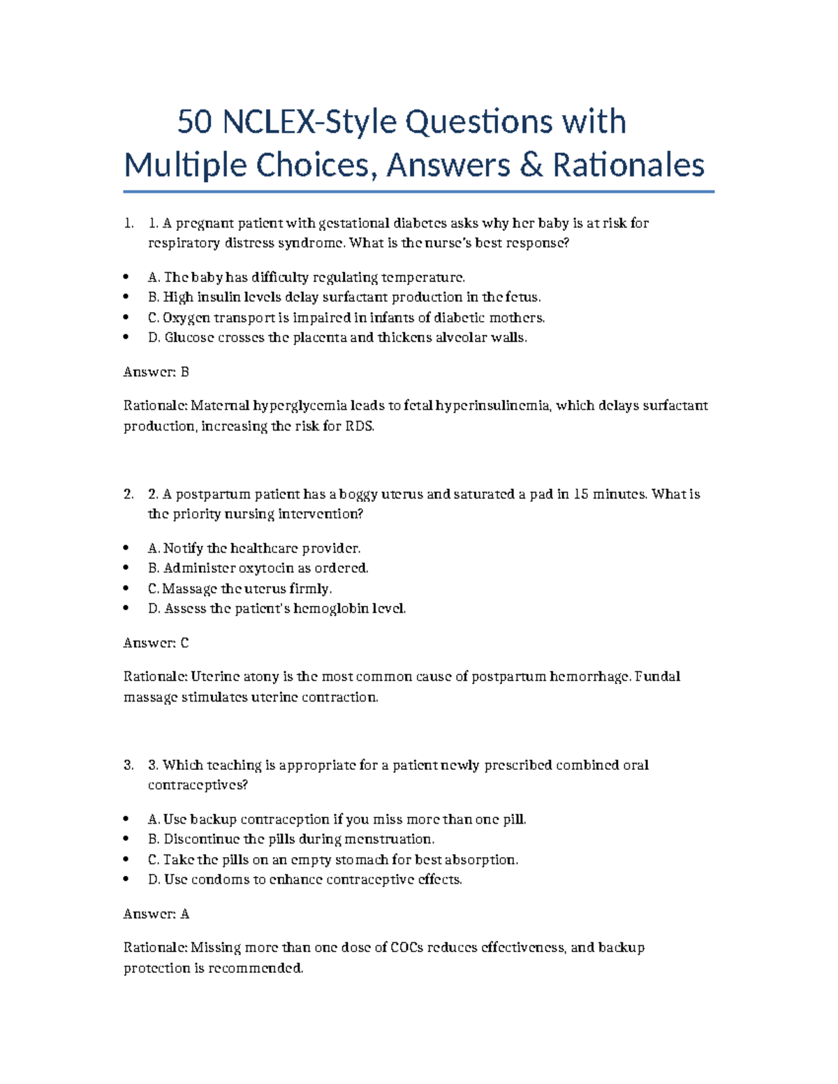 NCLEX 50 Real MC Questions: Maternal & Reproductive Health Exam - Studocu