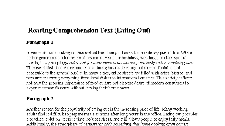 Reading Comprehension Text: Eating Out - Questions & Exercises - Studocu