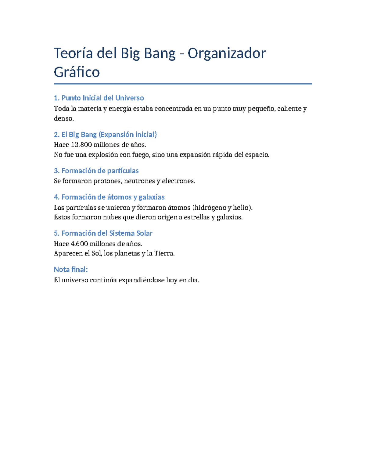 Organizador Gráfico: Teoría del Big Bang y Formación del Universo - Studocu