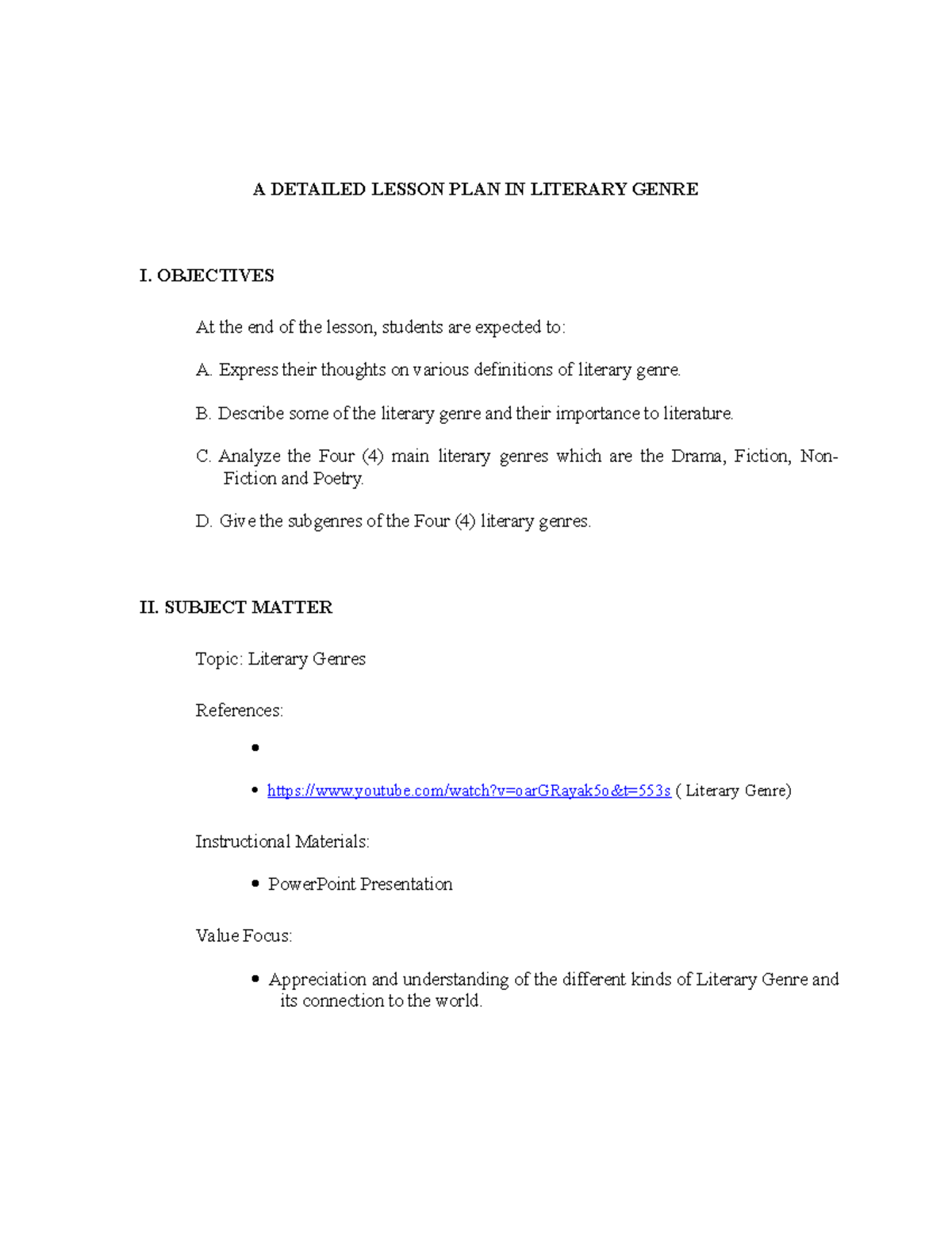 Detailed Lesson Plan: Exploring Literary Genres and Their Importance ...