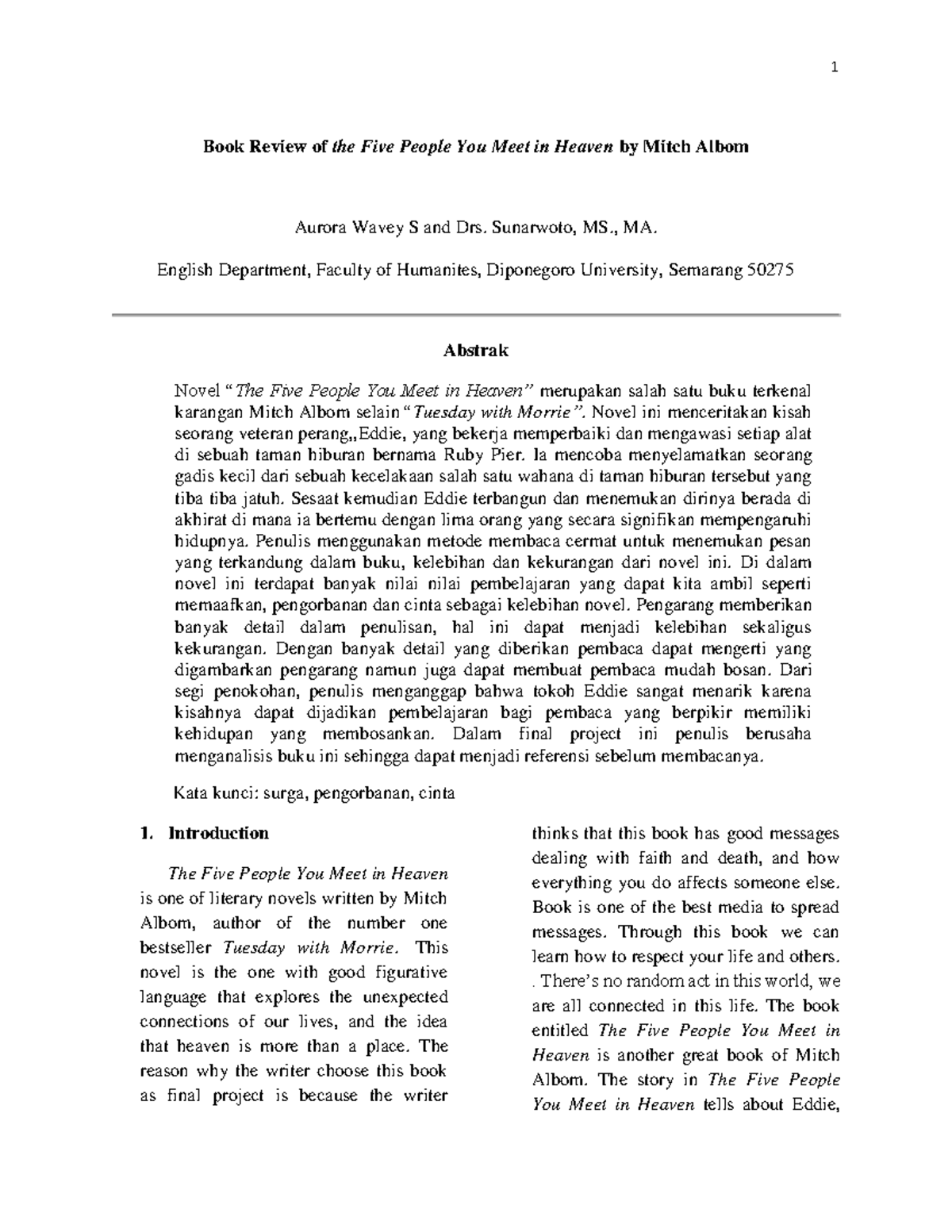 Book Review: The Five People You Meet in Heaven (ENG 2544) - Studocu