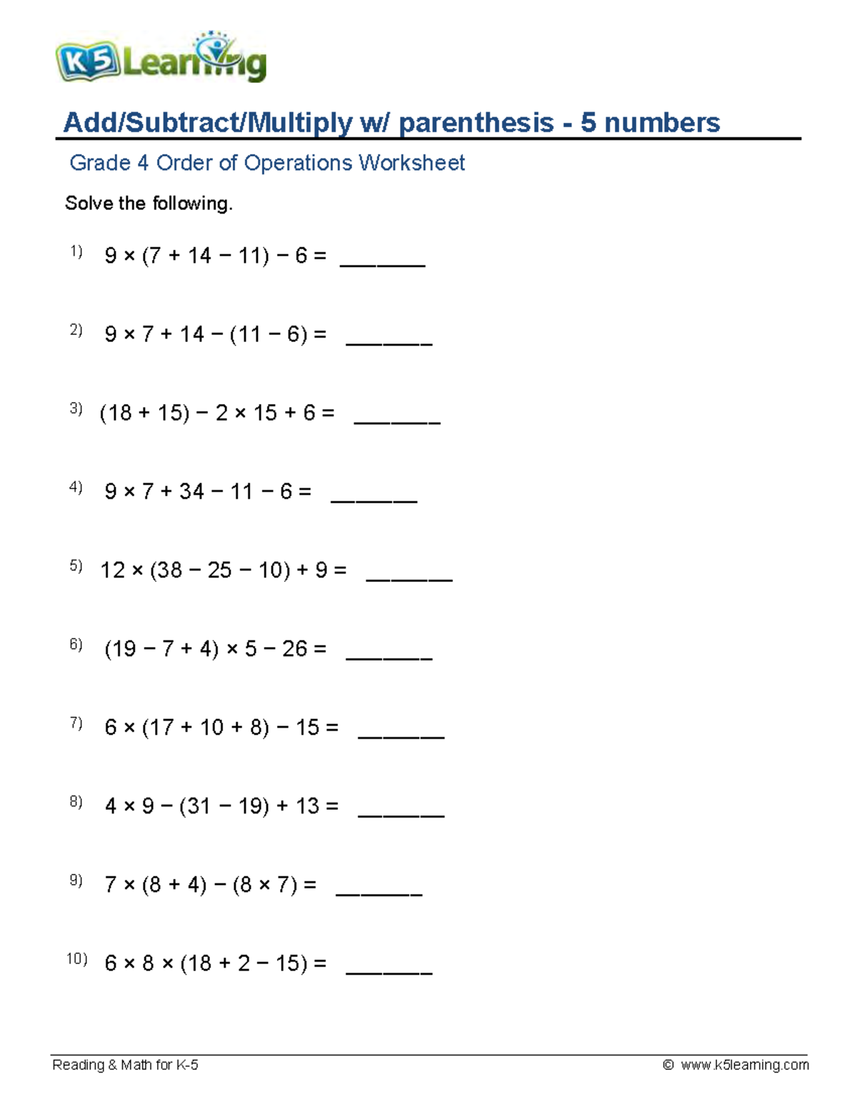 Grade 4 Math: Order of Operations Worksheet with Parentheses - Studocu