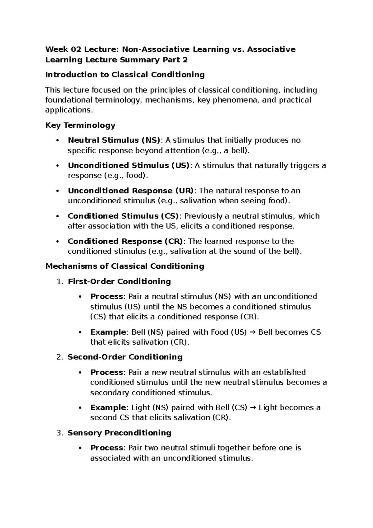 Week 02 Lecture: Classical Conditioning Principles & Mechanisms Summary ...