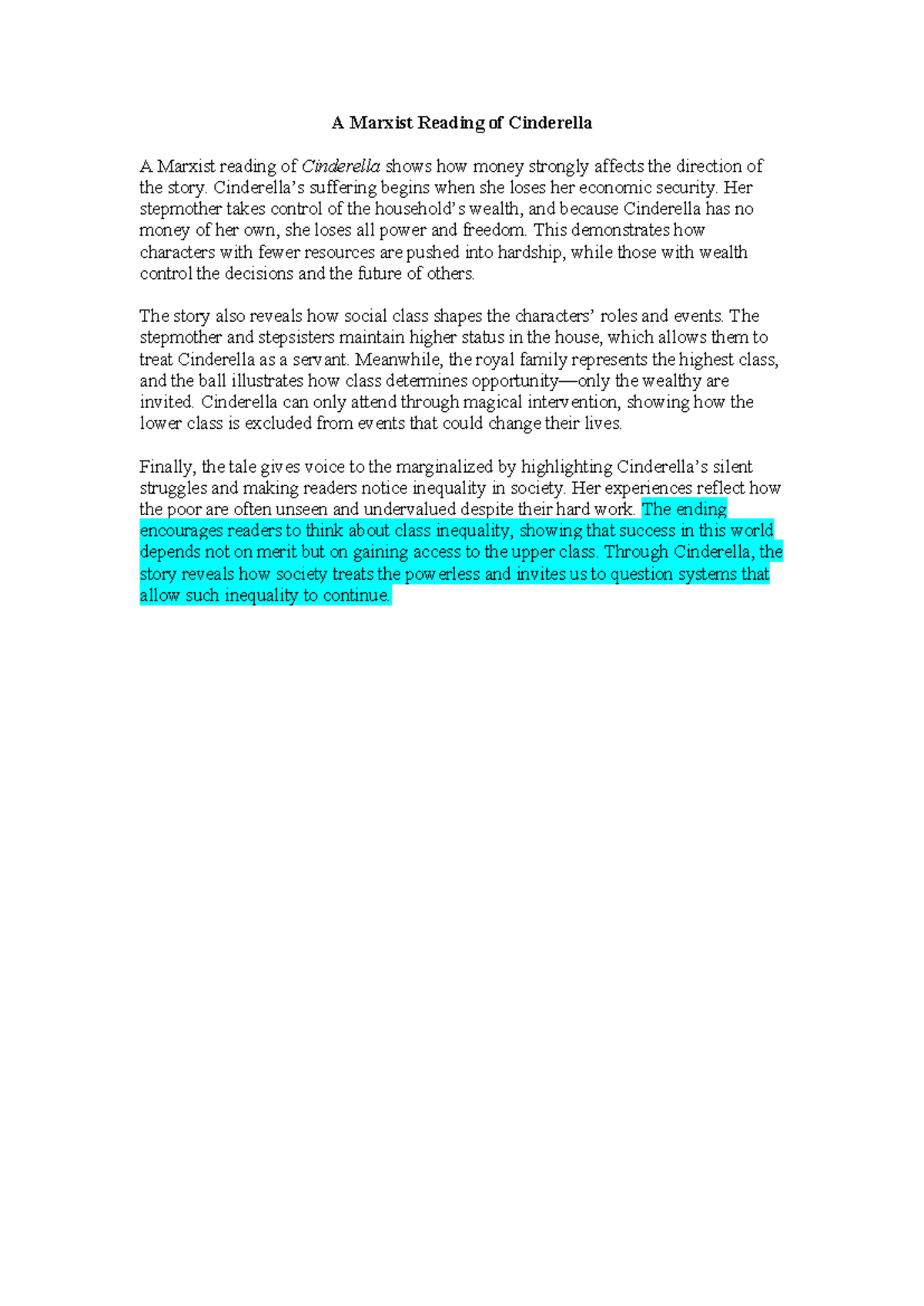 A Marxist Analysis of Cinderella: Class and Power Dynamics - Studocu
