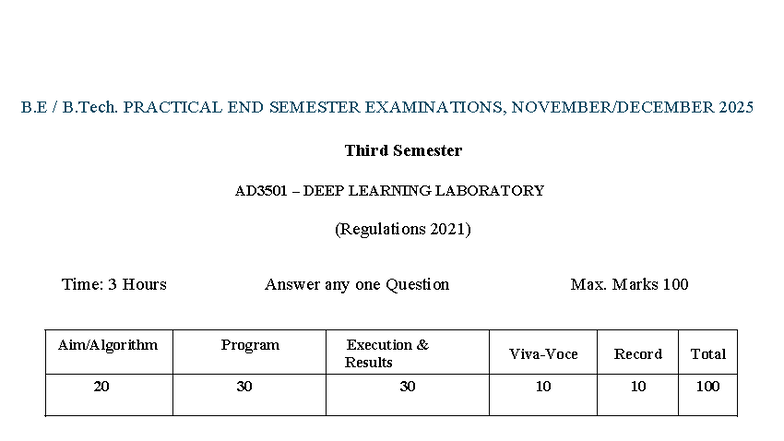 AD3501 Deep Learning Laboratory Practical Exam Questions 2025 - Studocu