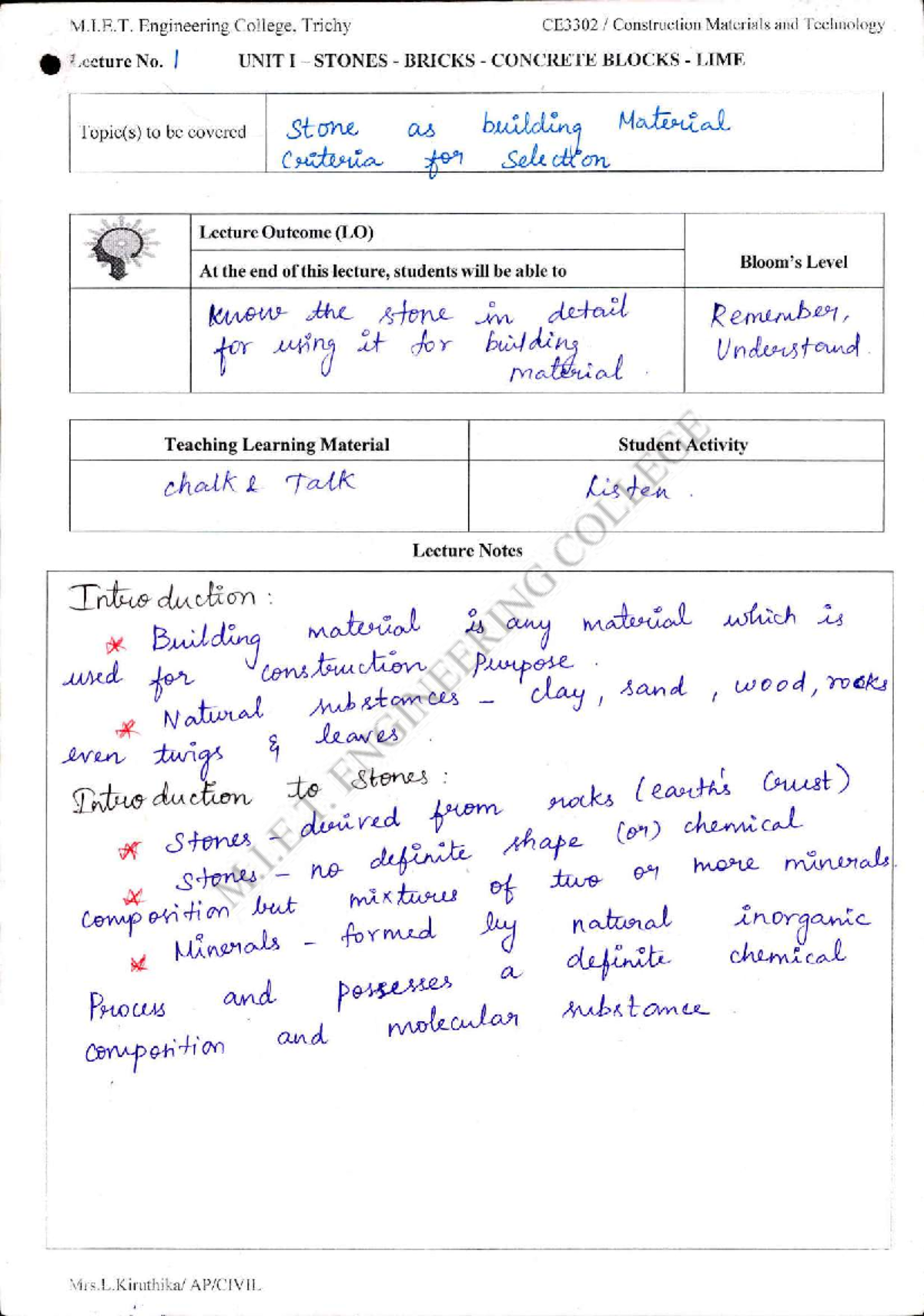CE3302 Construction Materials and Technology Lecture Notes: Stones ...