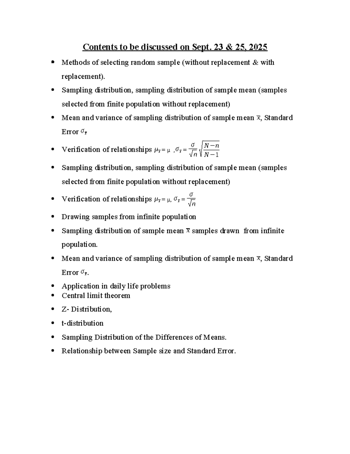 Sampling Distributions and Random Sampling Methods (Sept. 23-25, 2025 ...
