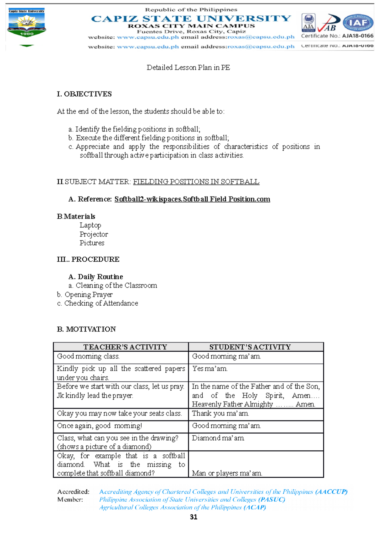 PE-101 - Softball Fielding Positions Lesson Plan - Studocu