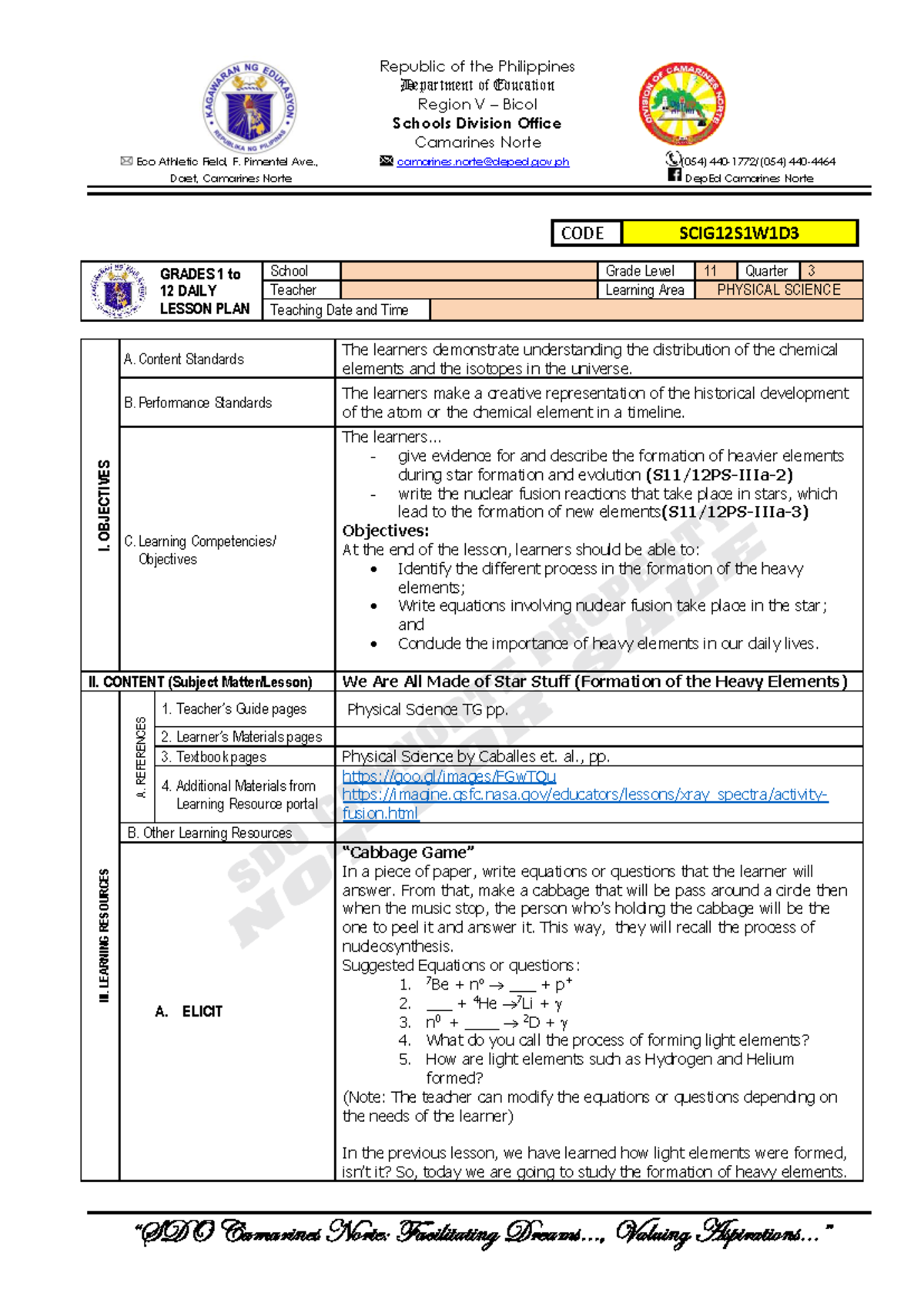 Daily Lesson Plan: Formation of Heavy Elements in Physical Science (054 ...