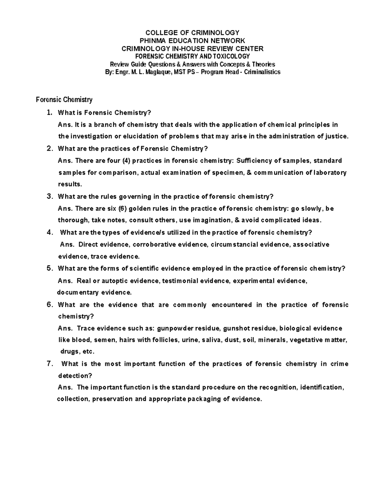 Forensic Chemistry Q&A Review (CRIM 2012) - Concepts & Techniques - Studocu